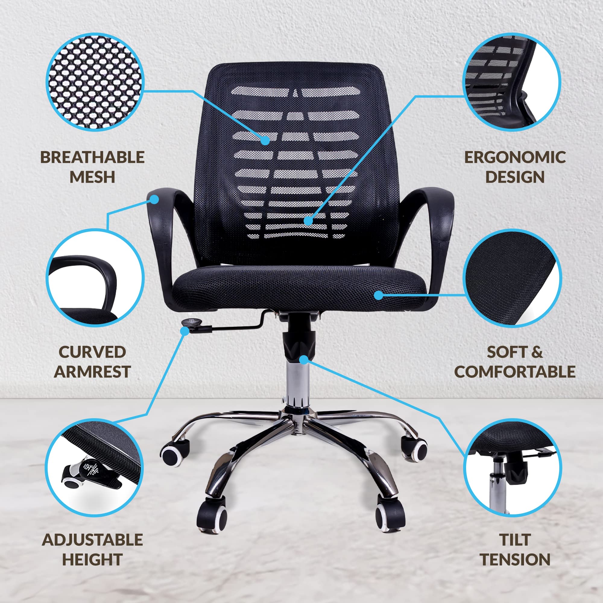 US Office Elements Ergonomic Office Chair with Lumbar Support | Computer Desk Chair with Arms | Adjustable 360 Swivel Chair with Arms (Black)