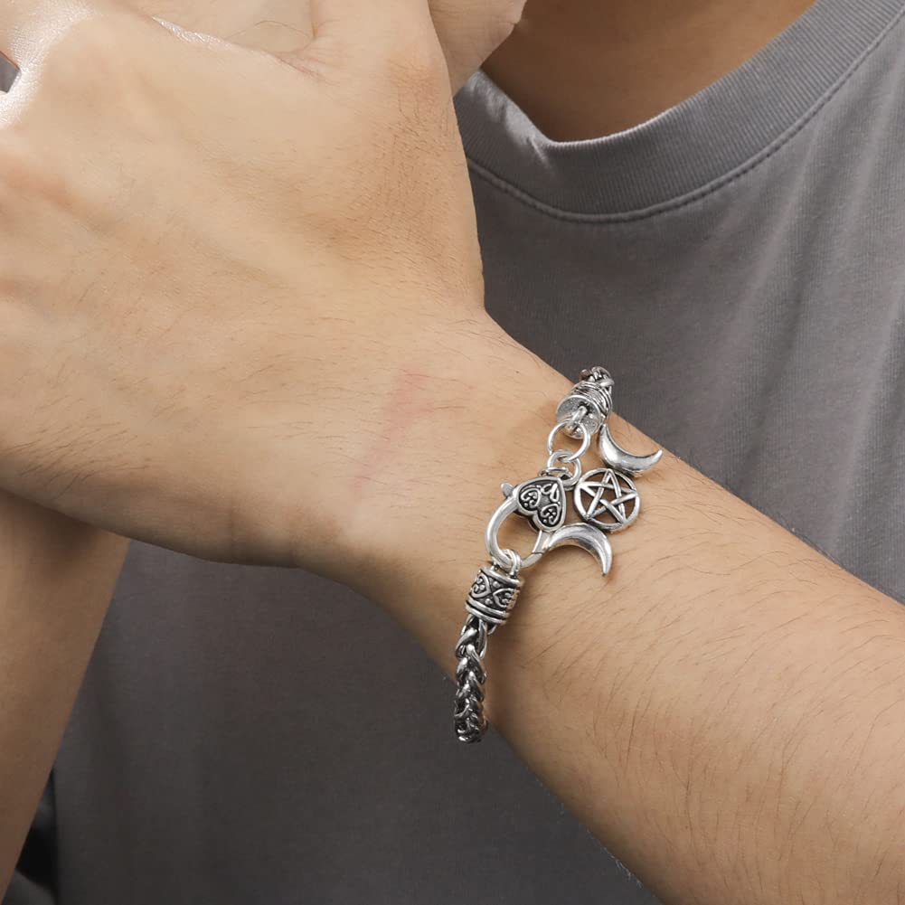 Triple Moon Goddess Amulet Wicca Pentagram Wheat Chain Bracelet for Women Men Pagan Jewelry
