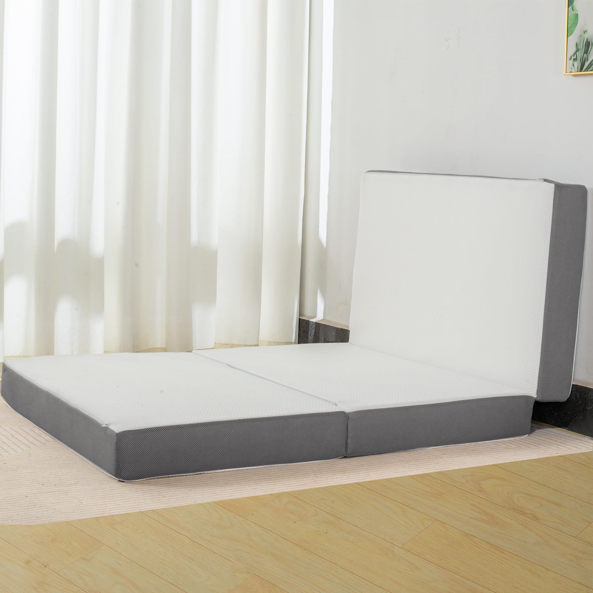 Treaton, 5-Inch Tri-Folding Gel Memory Foam Portable Floor Mattress | Breathable Mesh, Ultra Soft, Cot Pad, Removable and Washable Cover, Comfortable Support, Therapeutic Qualities, Queen, White