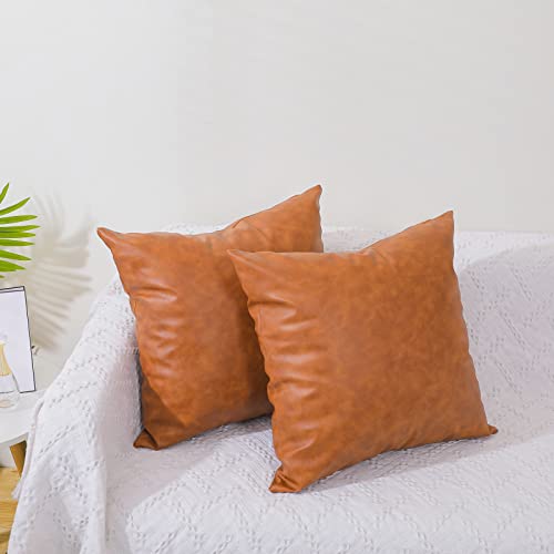 Set of 2 Faux Leather Throw Pillow Covers, Modern Brown Outdoor Cushion Covers Decorative Pillowcases for Couch Bed Sofa (18 x 18 Inches)