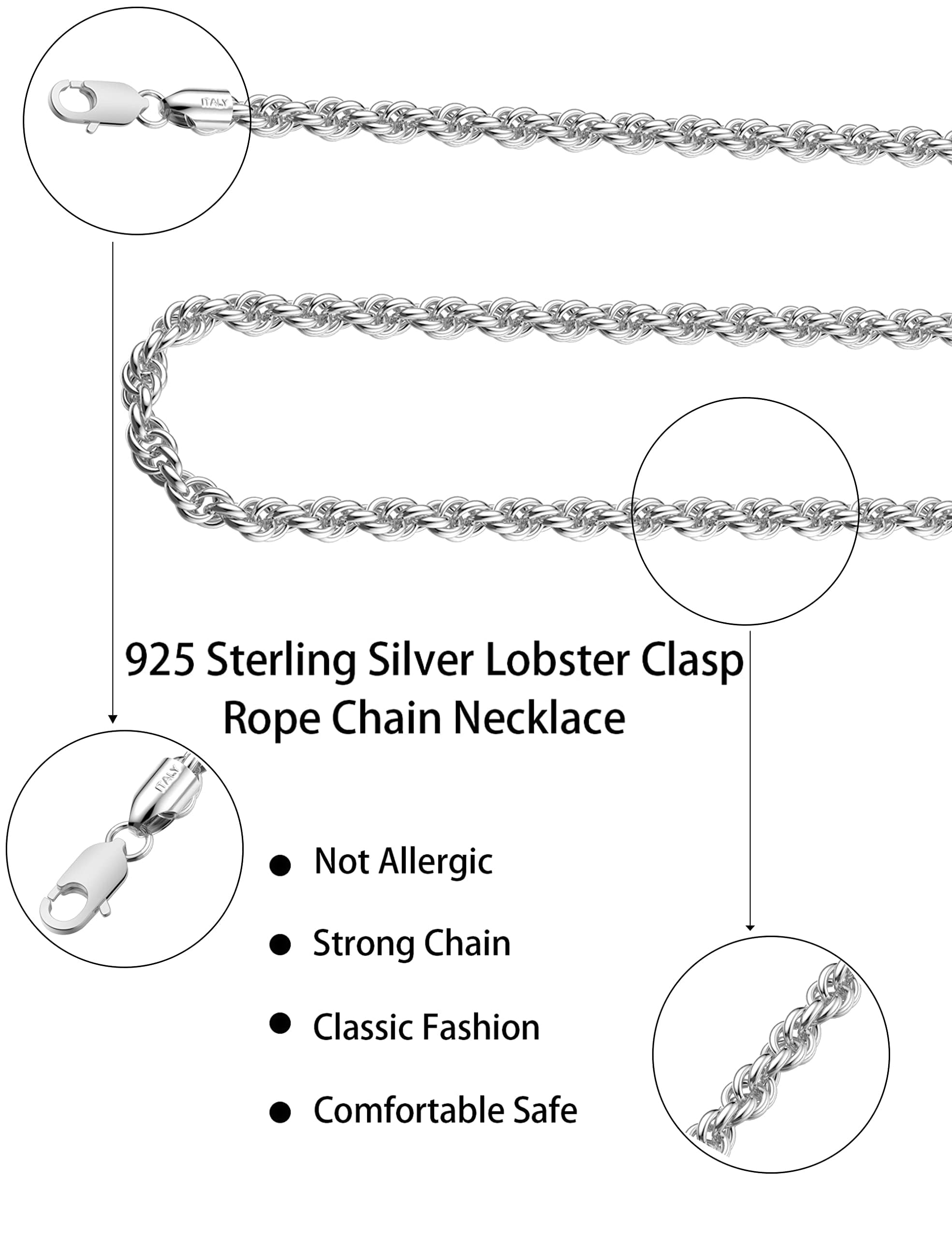 Waitsoul 925 Sterling Silver Rope Chain Lobster Clasp 2mm Silver Chain for Men Women Silver Necklace Chain 20 Inch