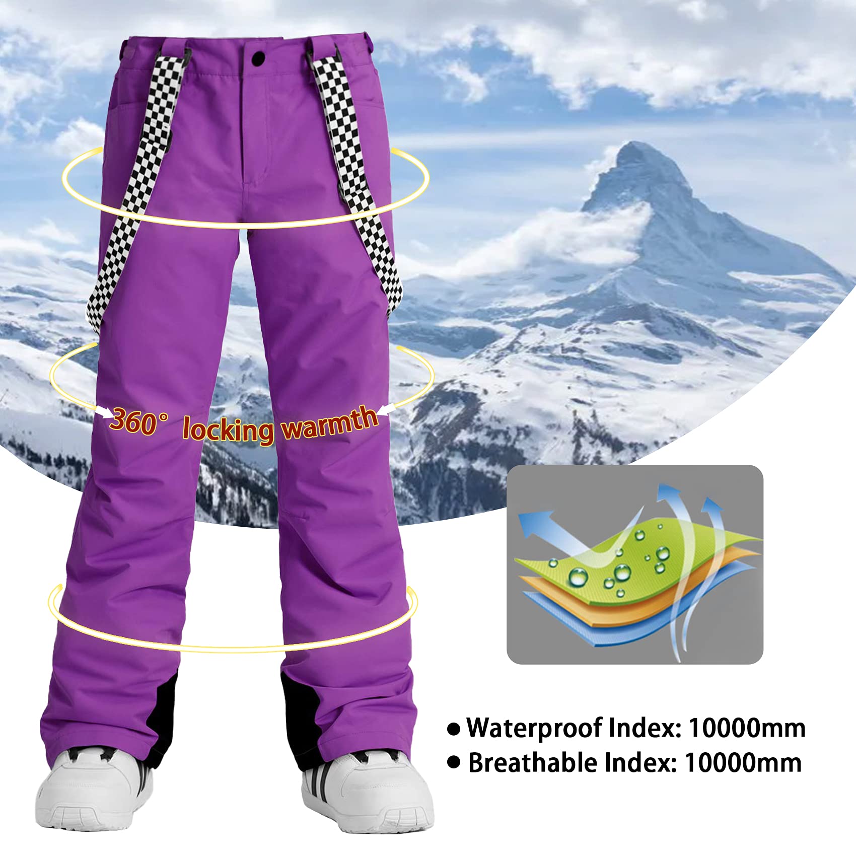 Womens Ski Pants Snow Snowboarding Waterproof Windproof Winter Outdoor Hiking Warm,Purple,L