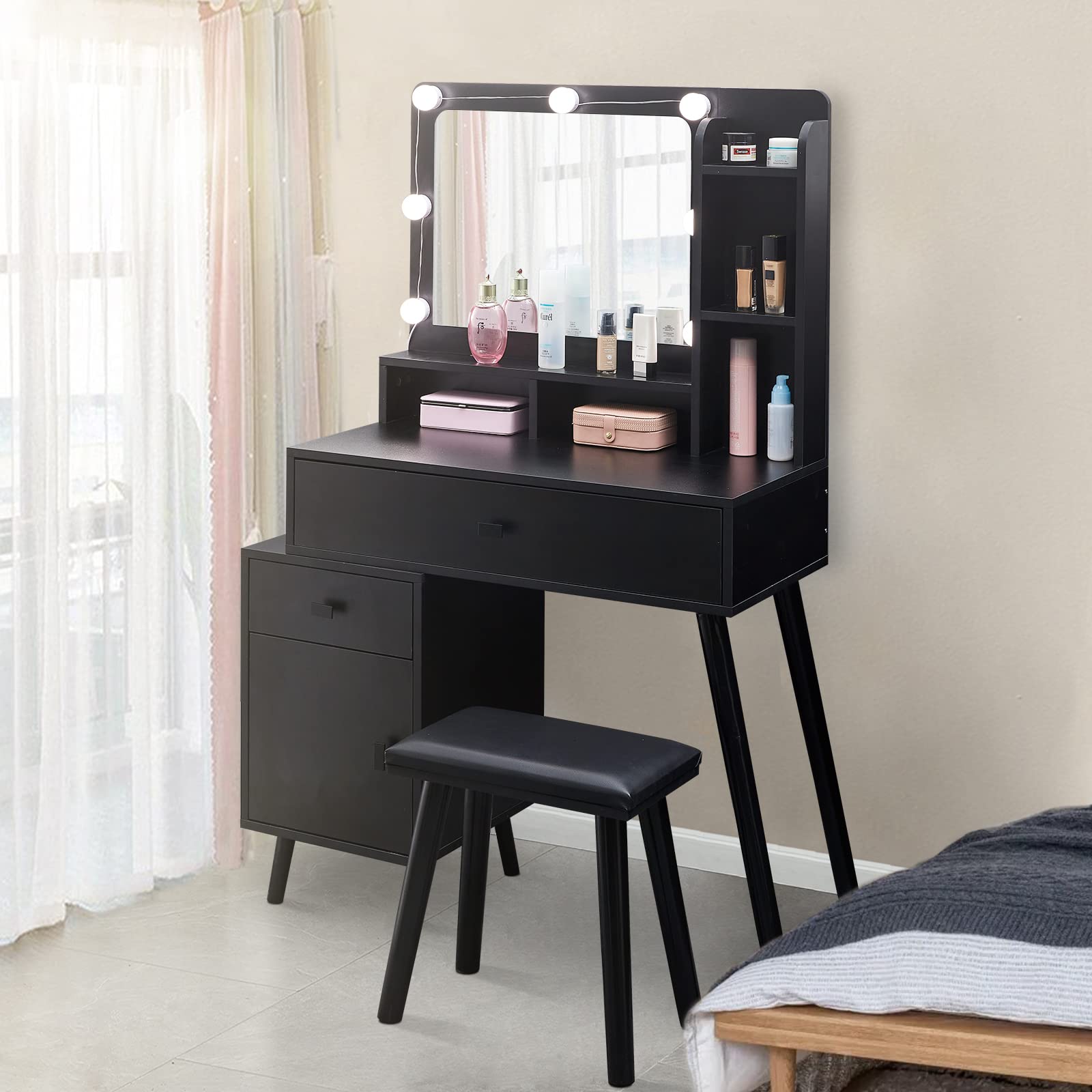 TUKAILAi Vanity Desk Set with LED Lighted Mirror & Cushioned Stool, Makeup Dresser Dressing Table with 5 Open Storage Shelves, 1 Drawer & Movable Chest, Gift for Women Girl Bedroom Studio (Black)