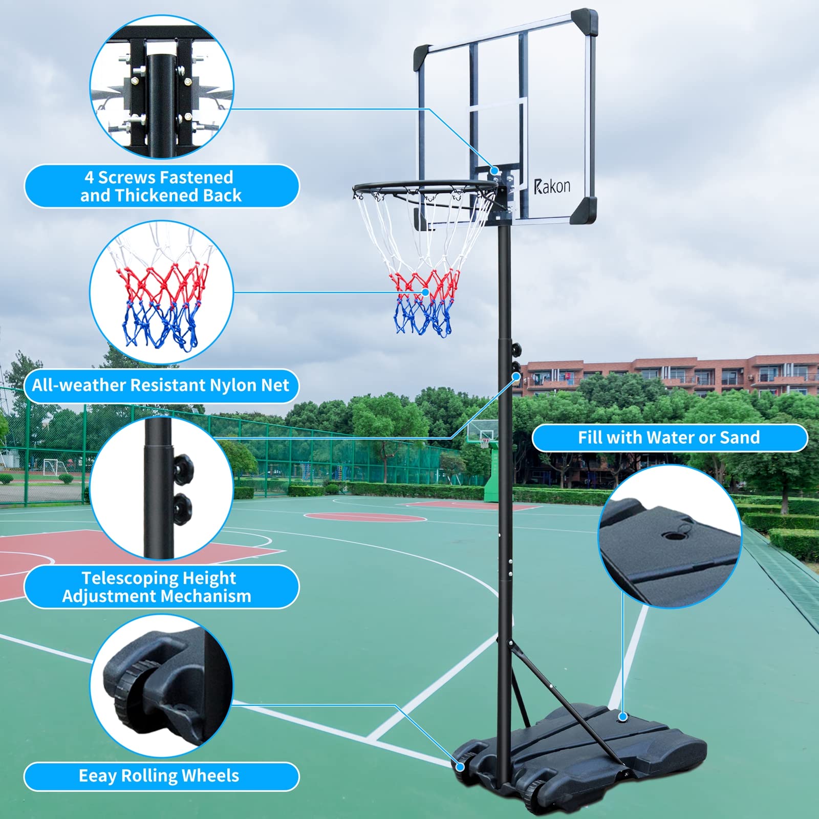 Rakon Portable Basketball Hoop Height Adjustable 5.4ft-7ft Basketball Stand Backboard System for Both Youth and Adults