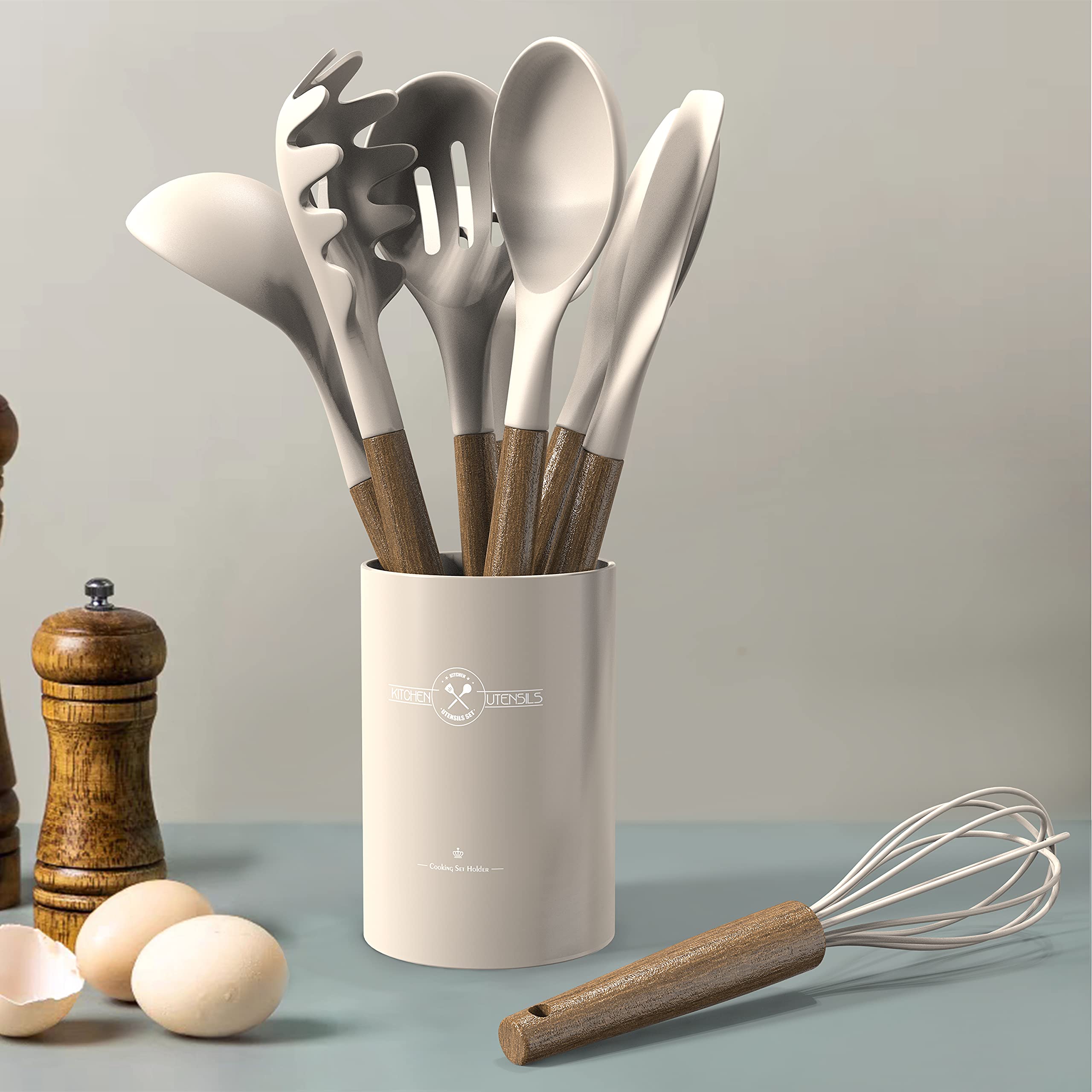 Silicone Kitchen Cooking Utensil Set, 9Pcs Kitchen Utensils Spatula Set with Wooden Handle for Nonstick Cookware, 446°F Heat Resistant Silicone Kitchen Gadgets Utensil Set with Large Holder(Khaki)