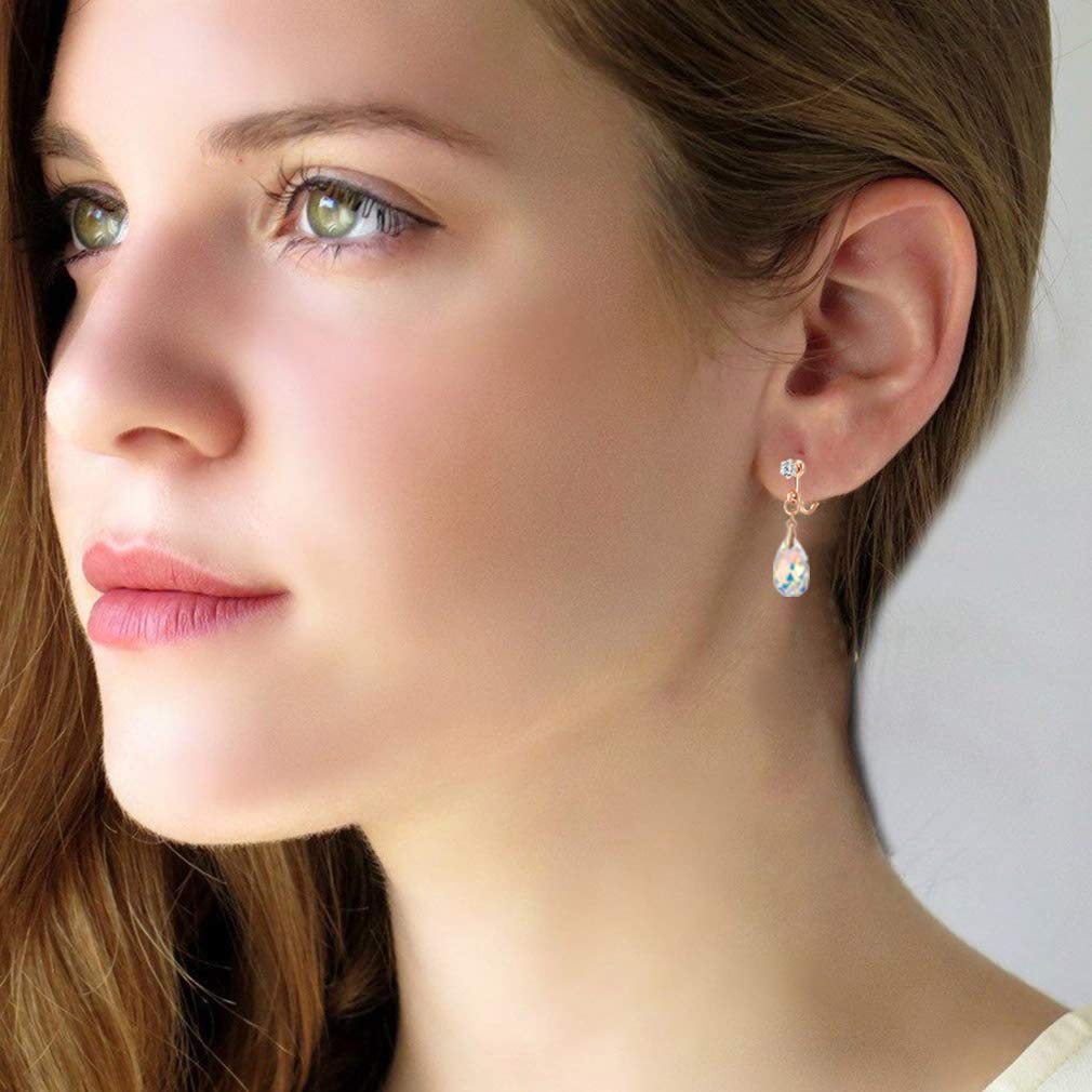 Teardrop Austrian Crystal Drop Clip On Dangle Earrings for Women Non Pierced 14K Rose Gold Plated Hypoallergenic Jewelry (Aurora Borealis)
