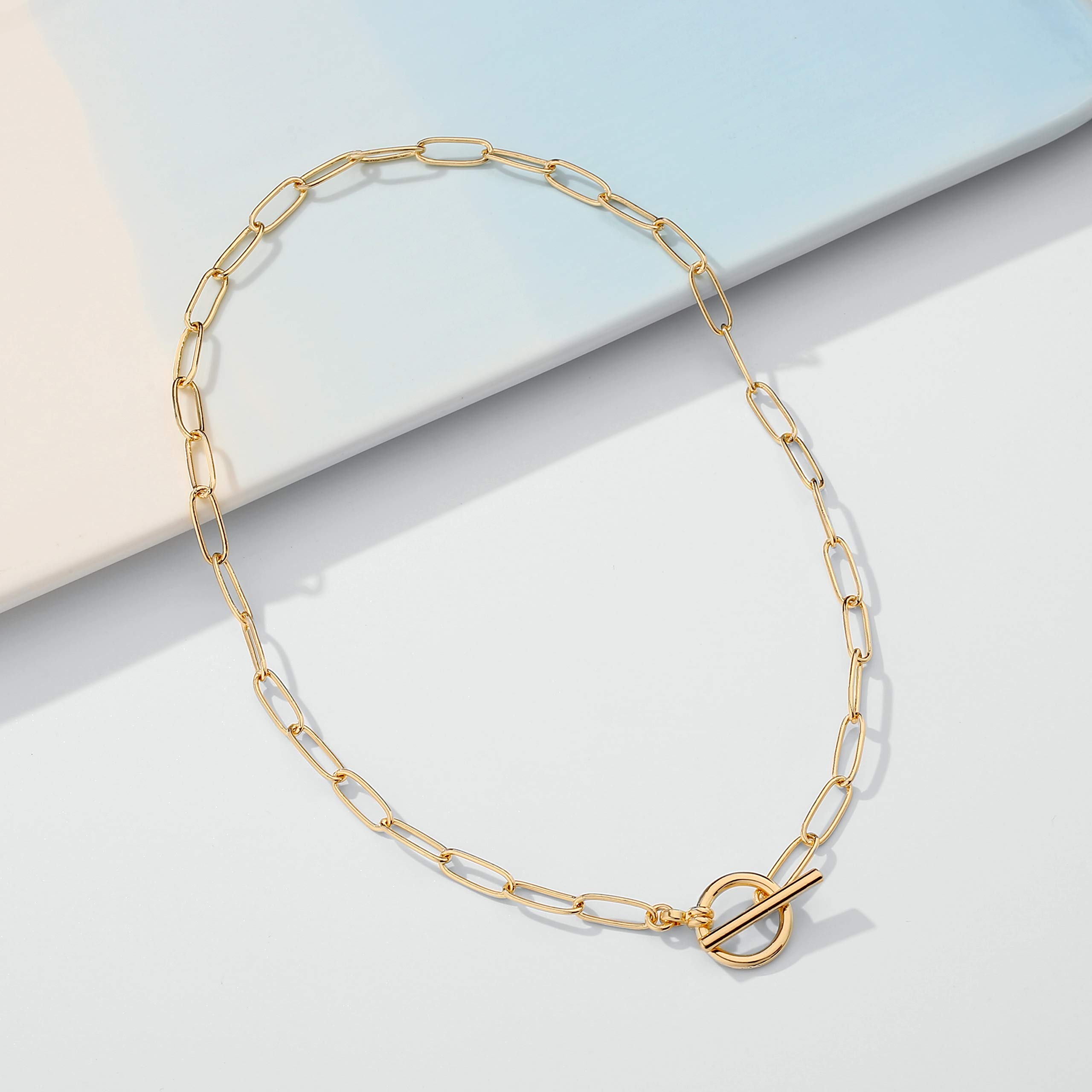 Turandoss Gold Paperclip Chain Necklace, 14K Gold Plated Toggle Clasp Simple Dainty Link Chain Necklace Gold Handmade Choker Oval Link for Women