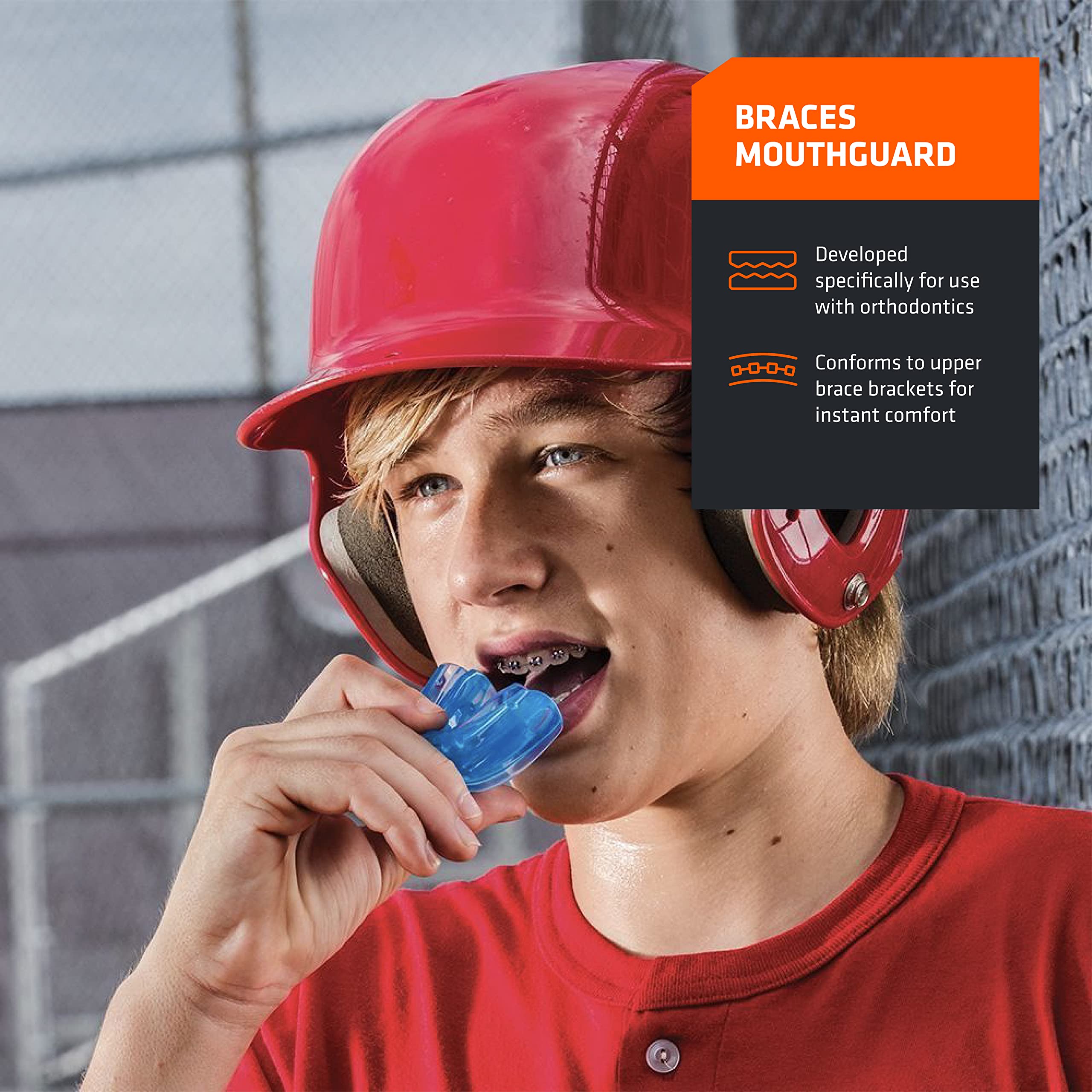 Shock Doctor Upper & Lower Mouth Guard for Braces w/Helmet Strap, Teeth Protection for Football Helmet, Adult & Youth Sizes