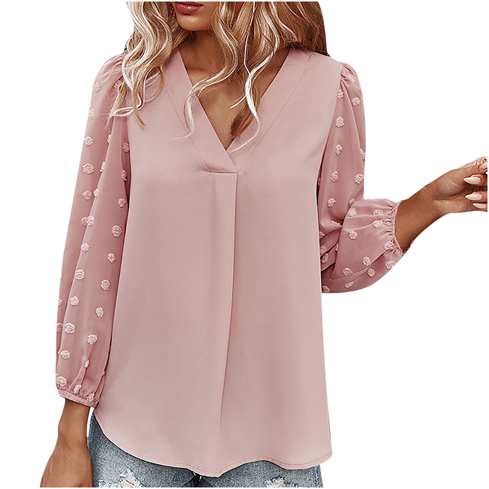 Wondere Summer Solid Color Tops Womens Chiffon Tunic V Neck Shirt Long Sleeve Tees Casual Polka Dot Blouse (XL, Pink)