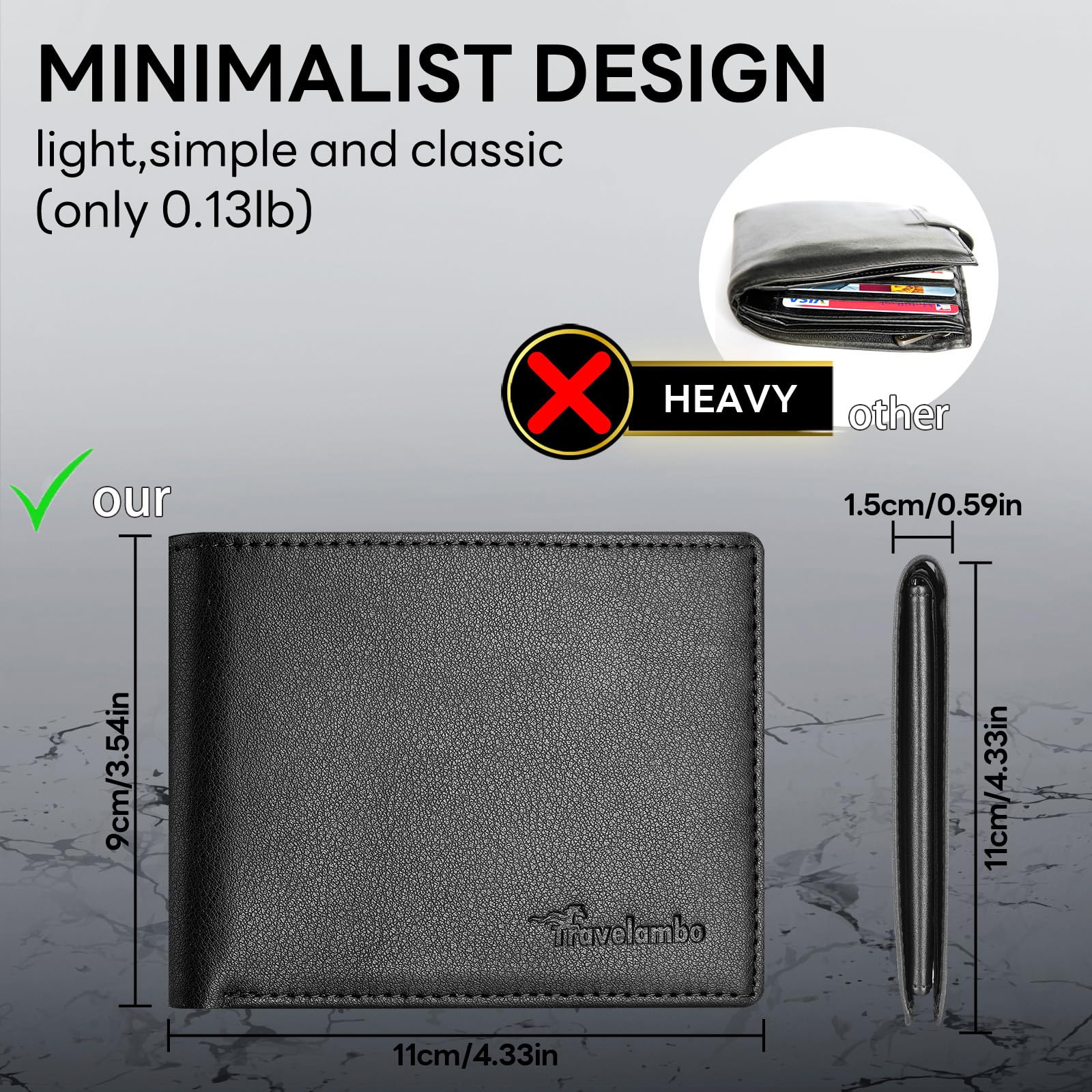 Travelambo Black Wallet for Men, Premium Genuine Leather RFID Blocking Mens Wallet, 10 Credit Card Holder Minimalist Front Pocket, Mens Bifold Wallet with 2 ID Window