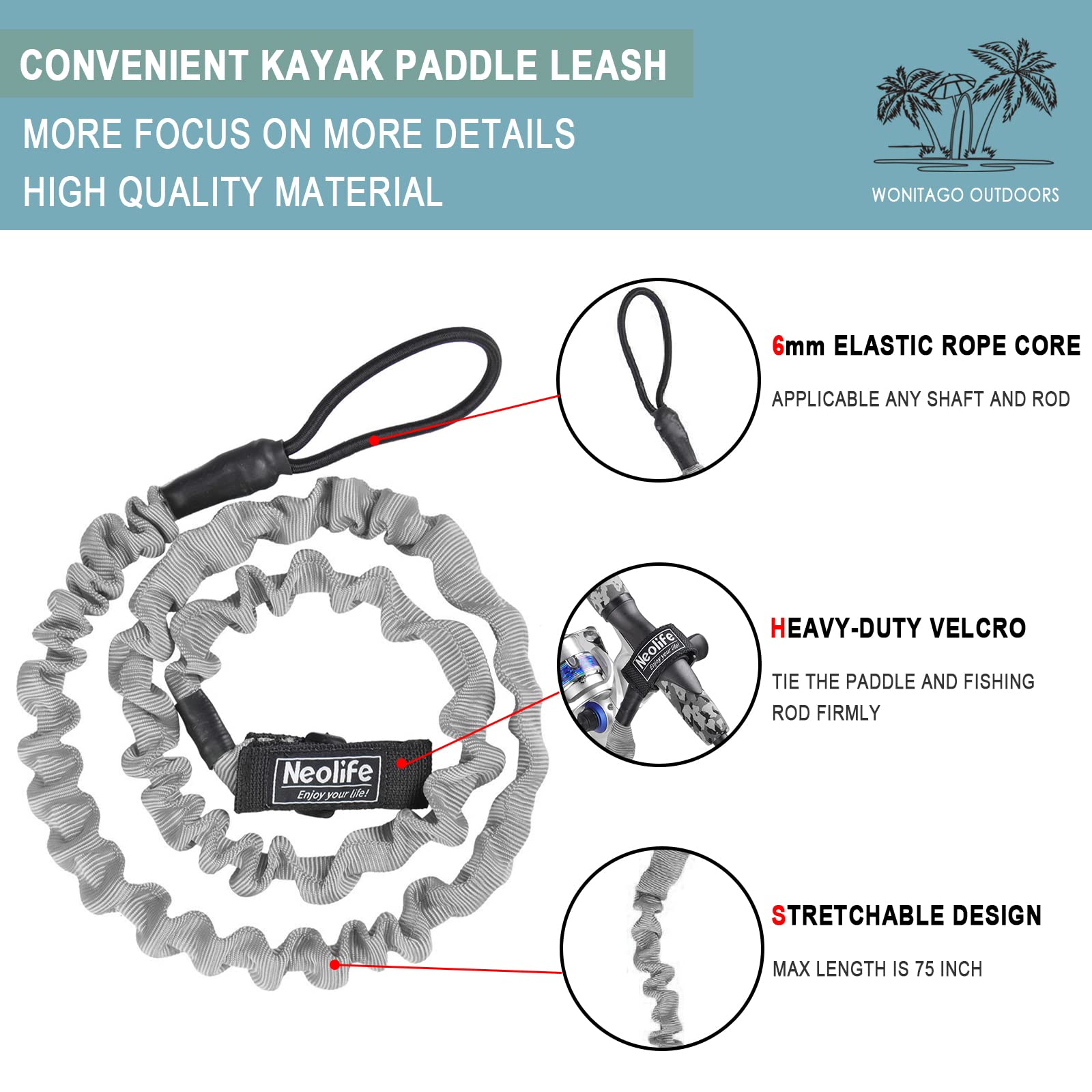 WONITAGO Stretchable Kayak Paddle Leash, Coiled Rod Leash Tool Lanyard for Kayak and SUP Paddles, Fishing Poles Rods,1 Pack