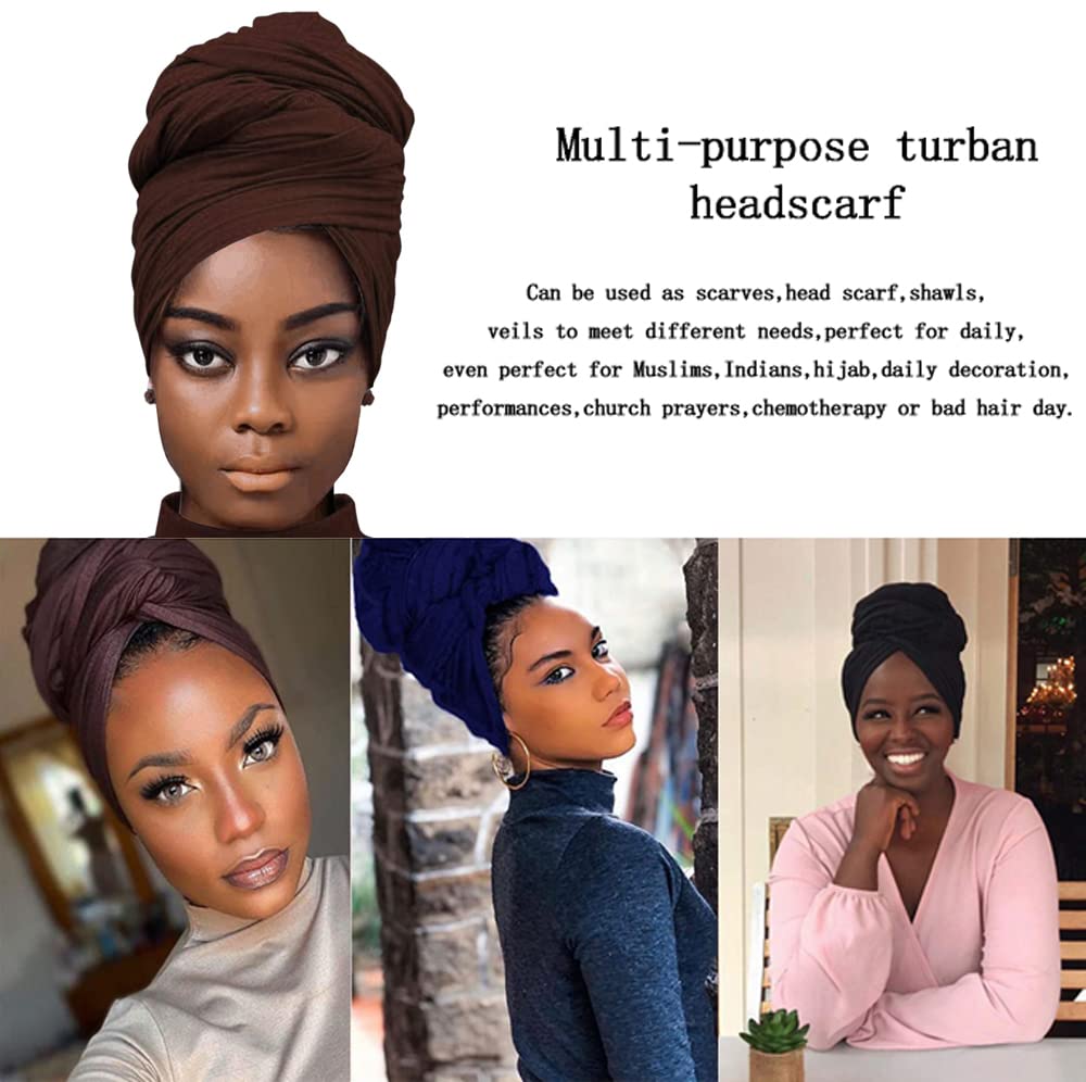 Turban Head Wraps for Black Women Jersey Hijab Scarves Cotton Fashion Headbands Long Plain Shawls Coffee