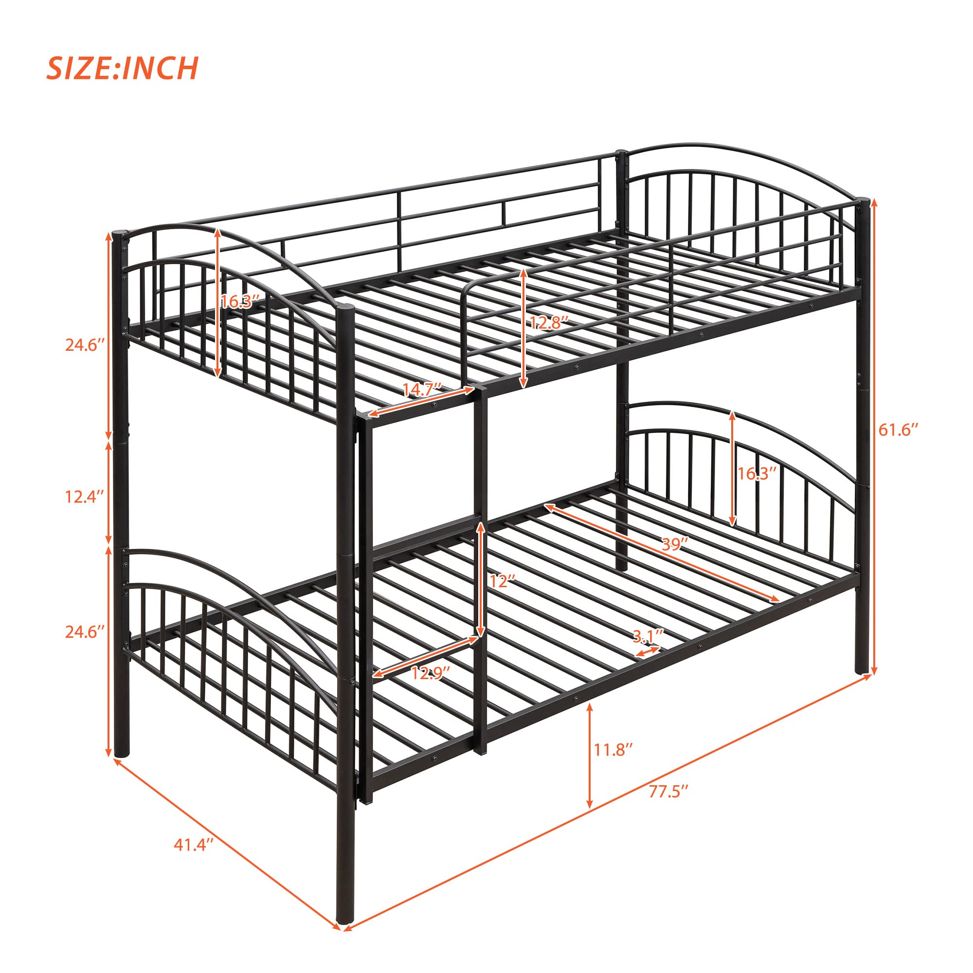 Twin Over Twin Metal Bunk Beds, Convertible Bunk Bed Divided into Two Beds for Kids Boys Girls Teens,Black