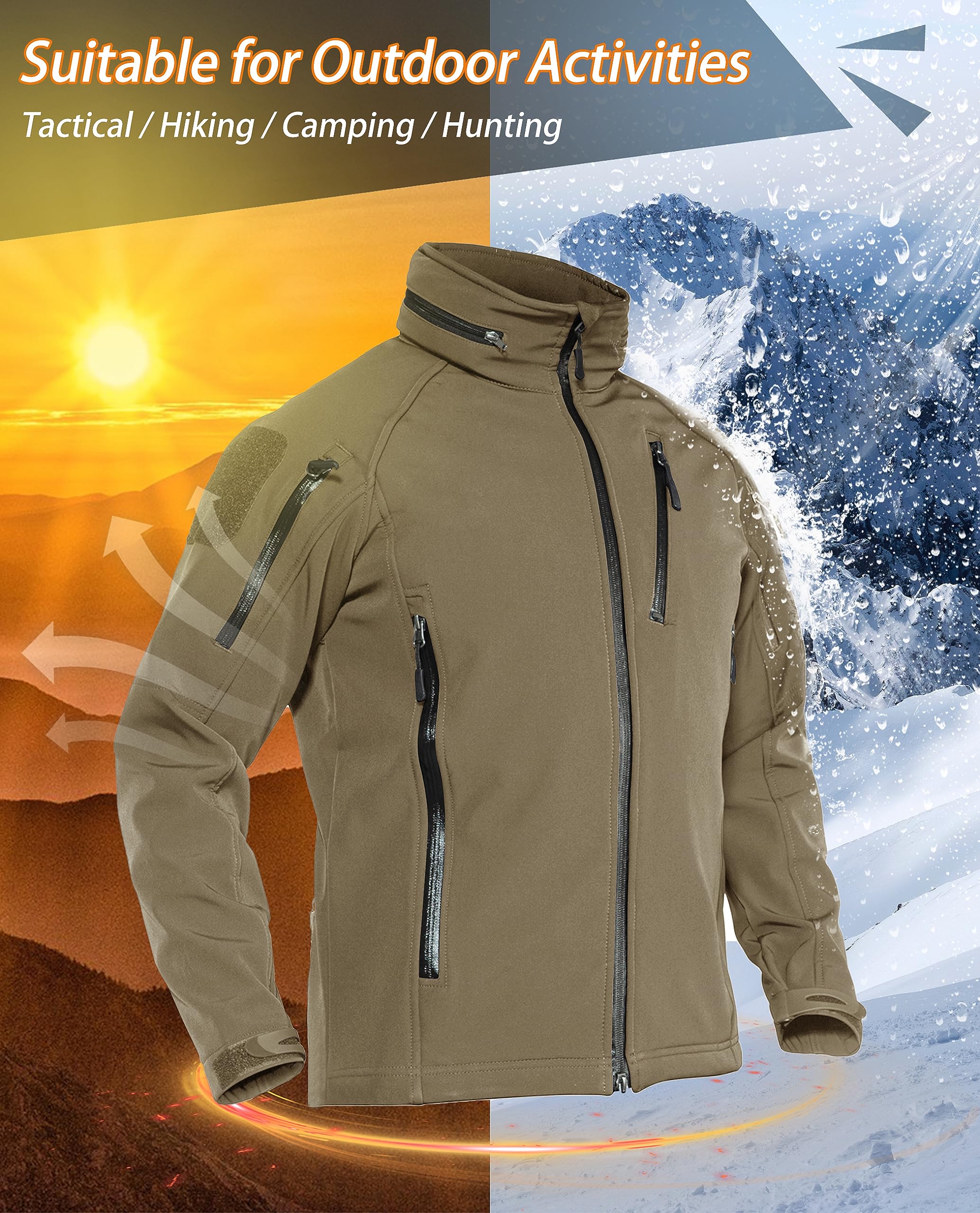 TACVASEN Men's Waterprooft Ski Snow Jacket Hiking Military Hunting Outdoor Jacket Khaki, M