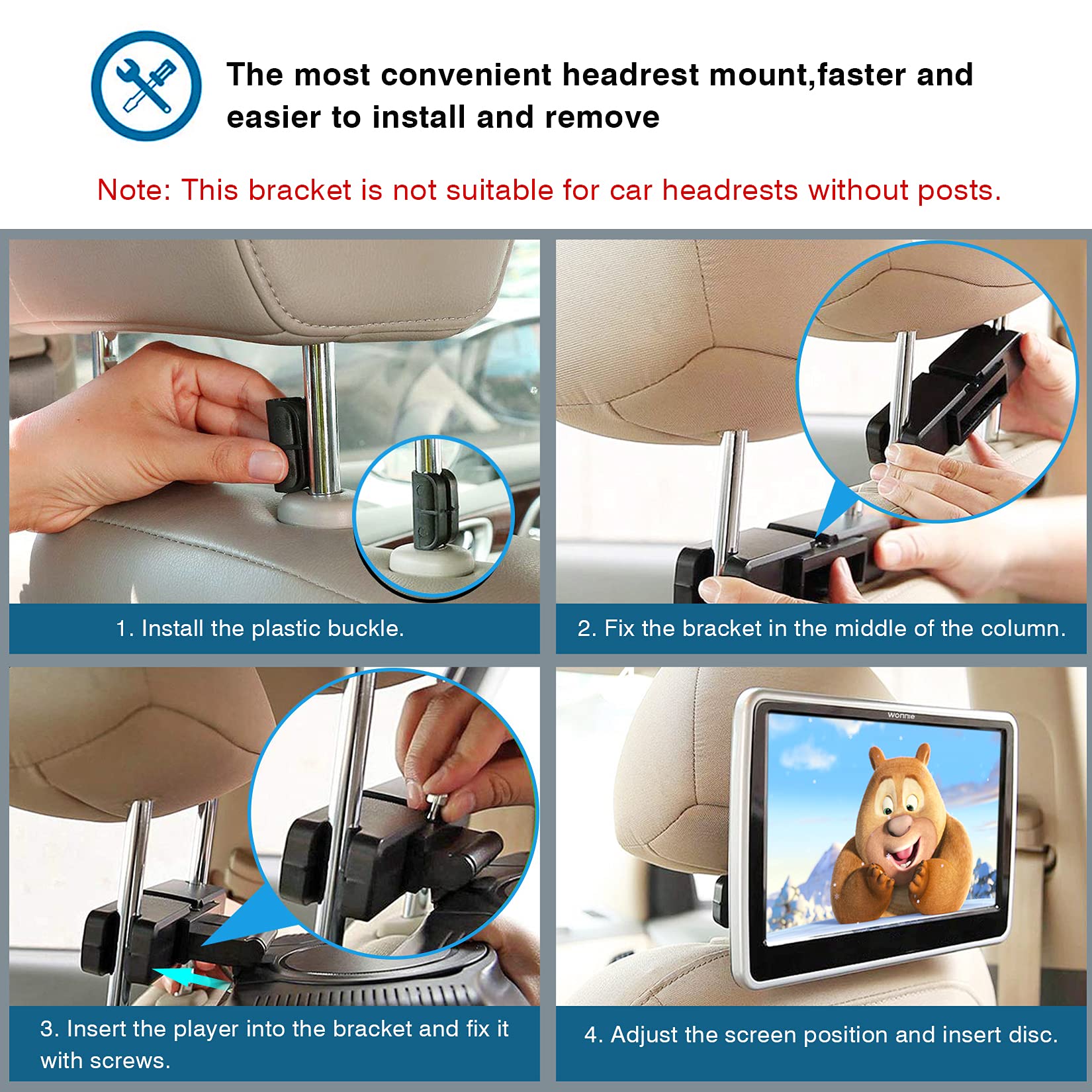 WONNIE 10.5" Car DVD Player with Headrest Mount Headphone, Support HDMI Input, 1080P Video, USB/SD, Regions Free, AV in/Out, Last Memory Function