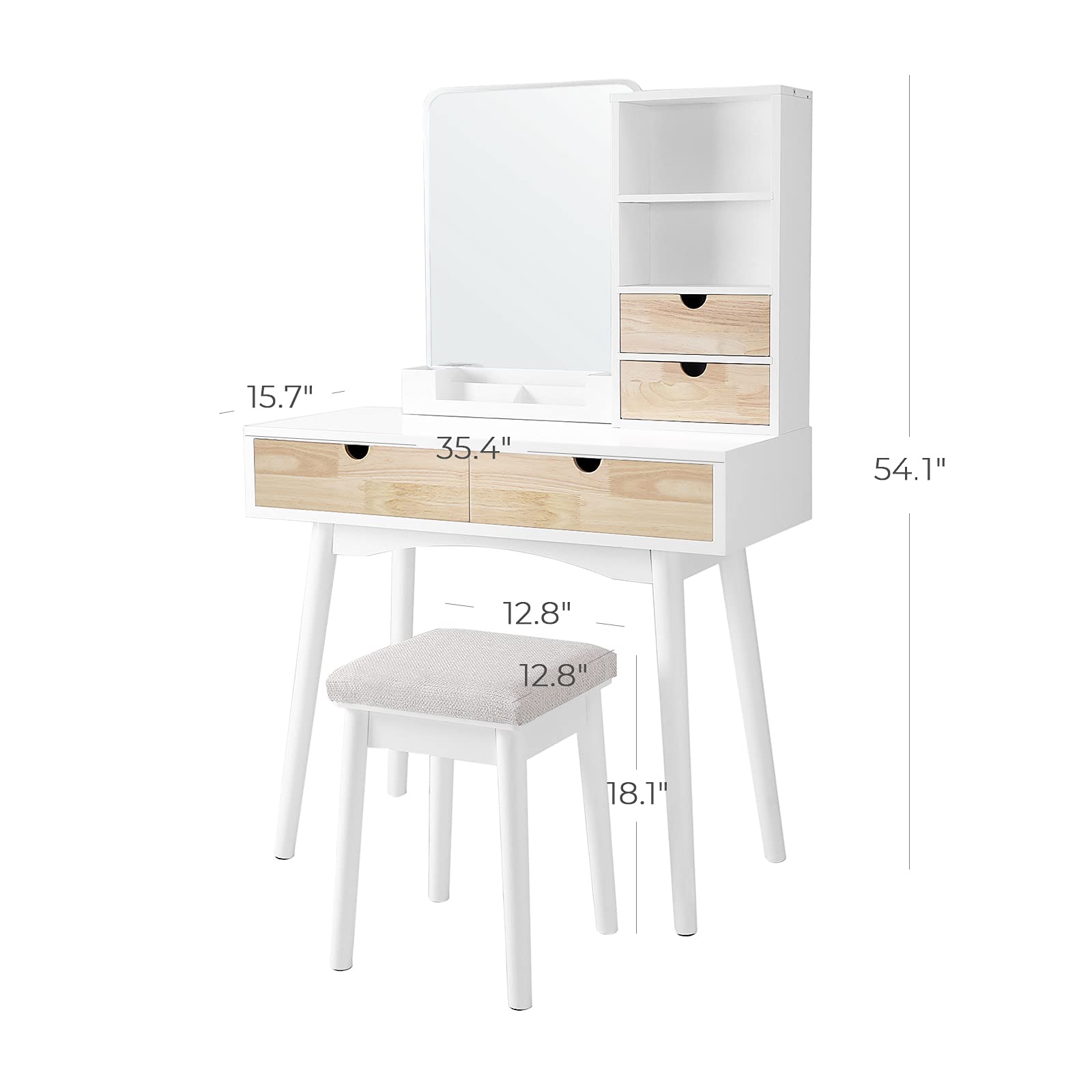 VASAGLE Vanity Set Modern Makeup Dressing Table with Mirror, Felxible Storage, White and Natural URDT32K