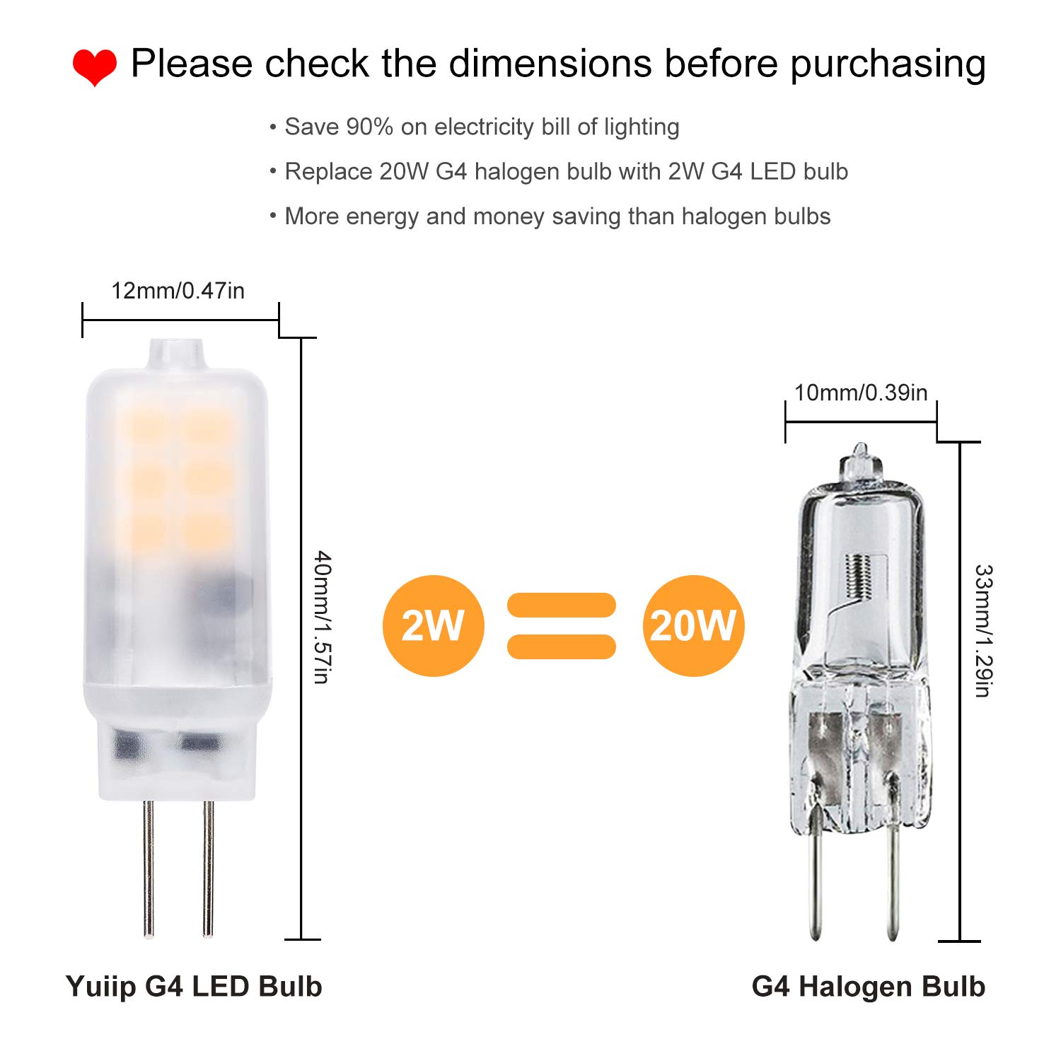 YUIIP G4 LED Light Bulb 2W AC/DC 12V Warm White 2700K G4 Bi-Pin Base Lamp 10W 15W 20W Halogen Bulbs Equivalent for Landscape Chandelier Under Cabinet Lighting, Non-dimmable, No Flicker, Pack of 10