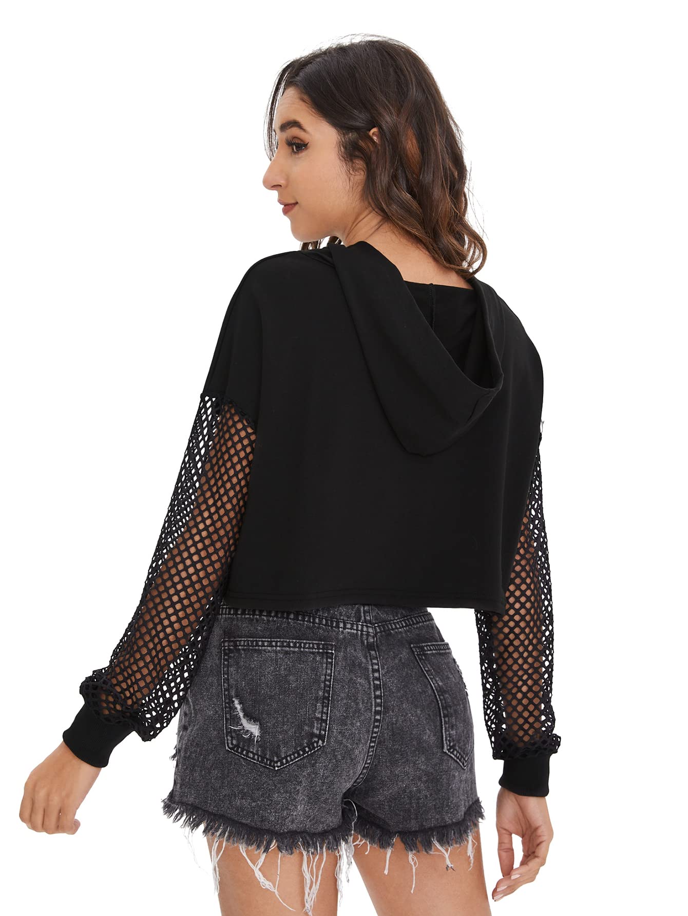Verdusa Women's Casual Long Sleeve Fishnet Pullover Hoodie Crop Top Sweatshirt Black L