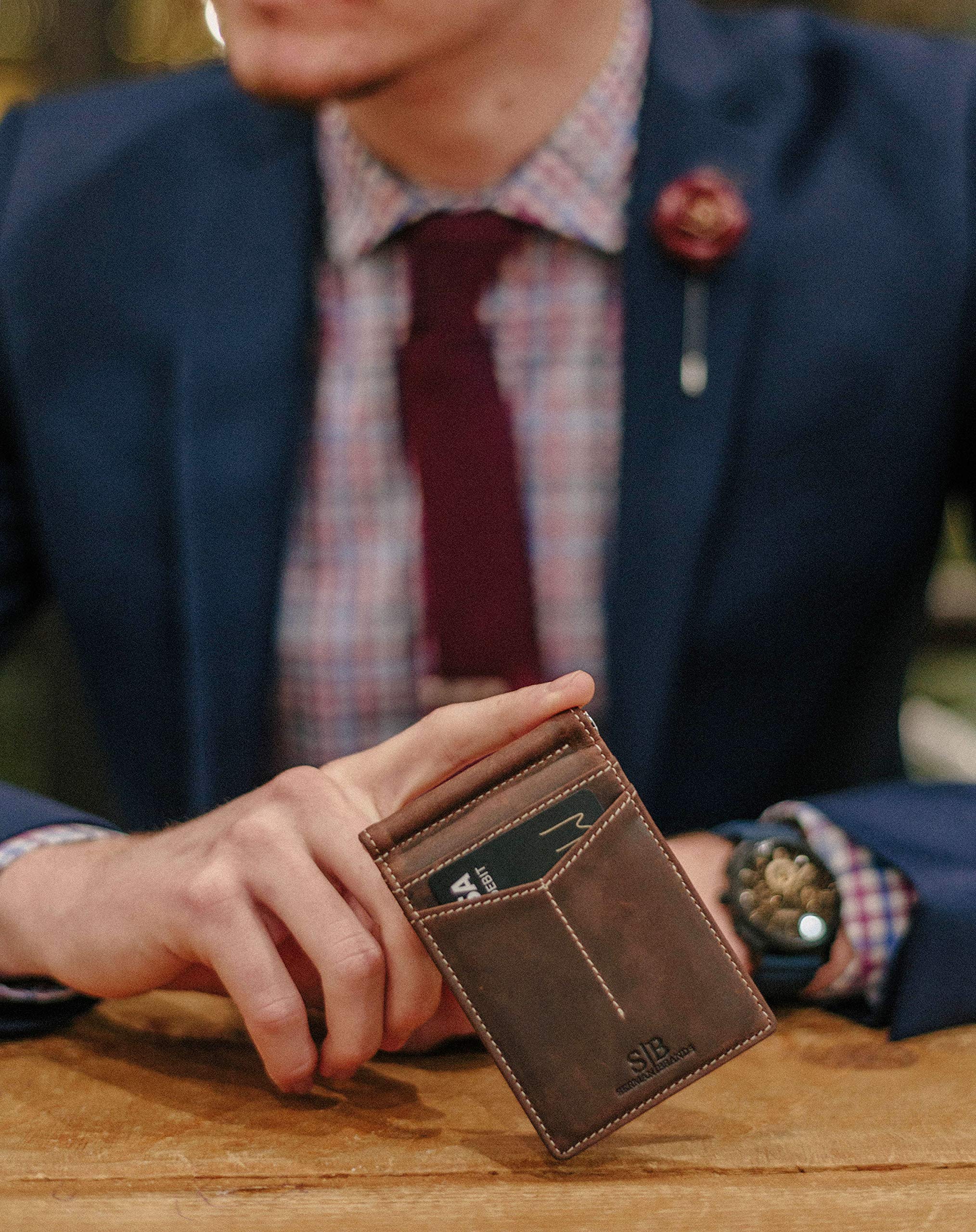SERMAN BRANDS RFID Blocking Wallet Slim Bifold - Genuine Leather Minimalist Front Pocket Wallets for Men with Money Clip Gift (Texas Brown Rogue)