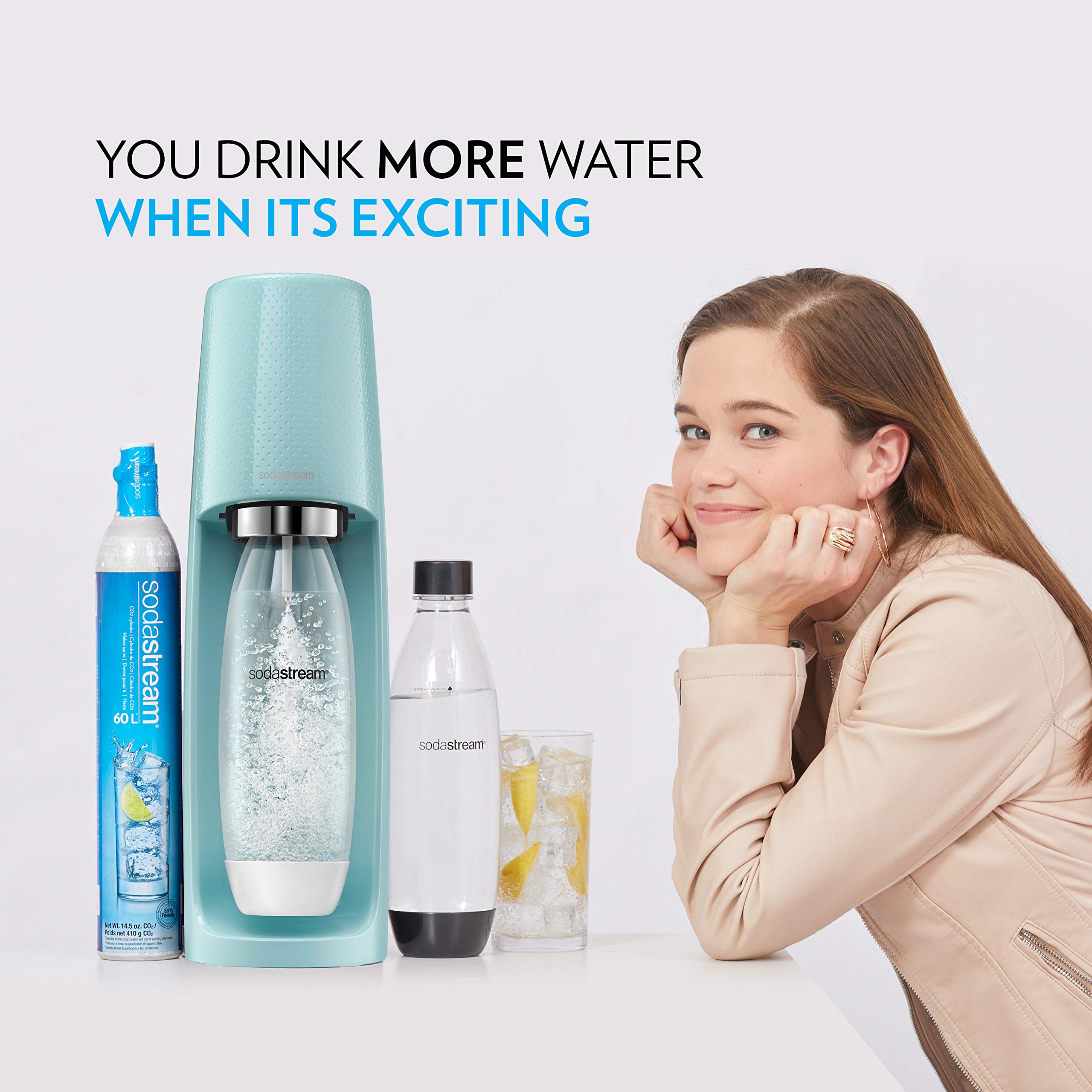 SodaStream Fizzi Sparkling Water Maker Bundle (Icy Blue), with CO2, BPA free Bottles, and 0 Calorie Fruit Drops Flavors