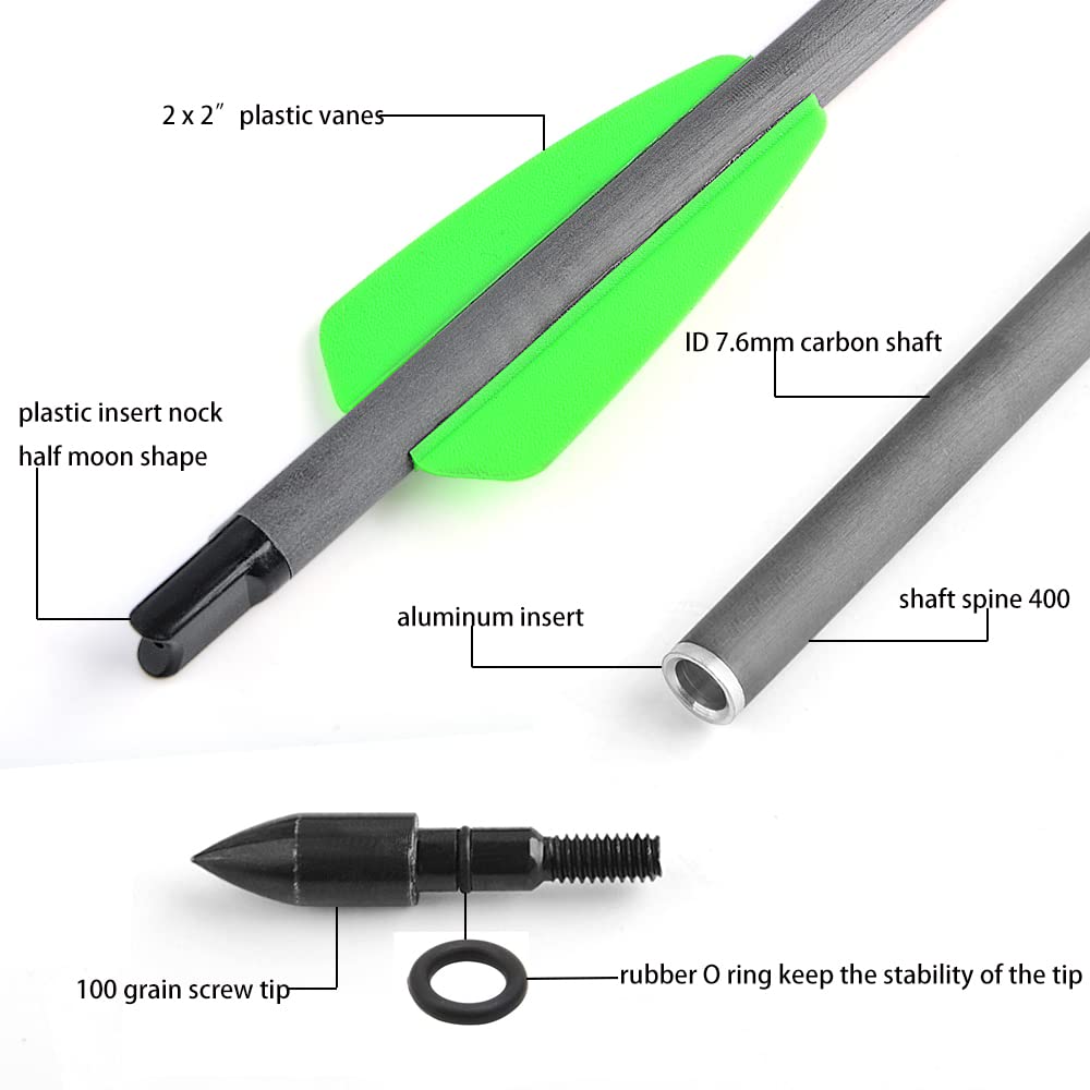ZSHJGJR Crossbow Bolts 15 Inch Archery Carbon Crossbow Arrows with 100 Grain Removable Tips and Moon Nocks Hunting Archery Arrows 6/12pcs (12pcs arrows)