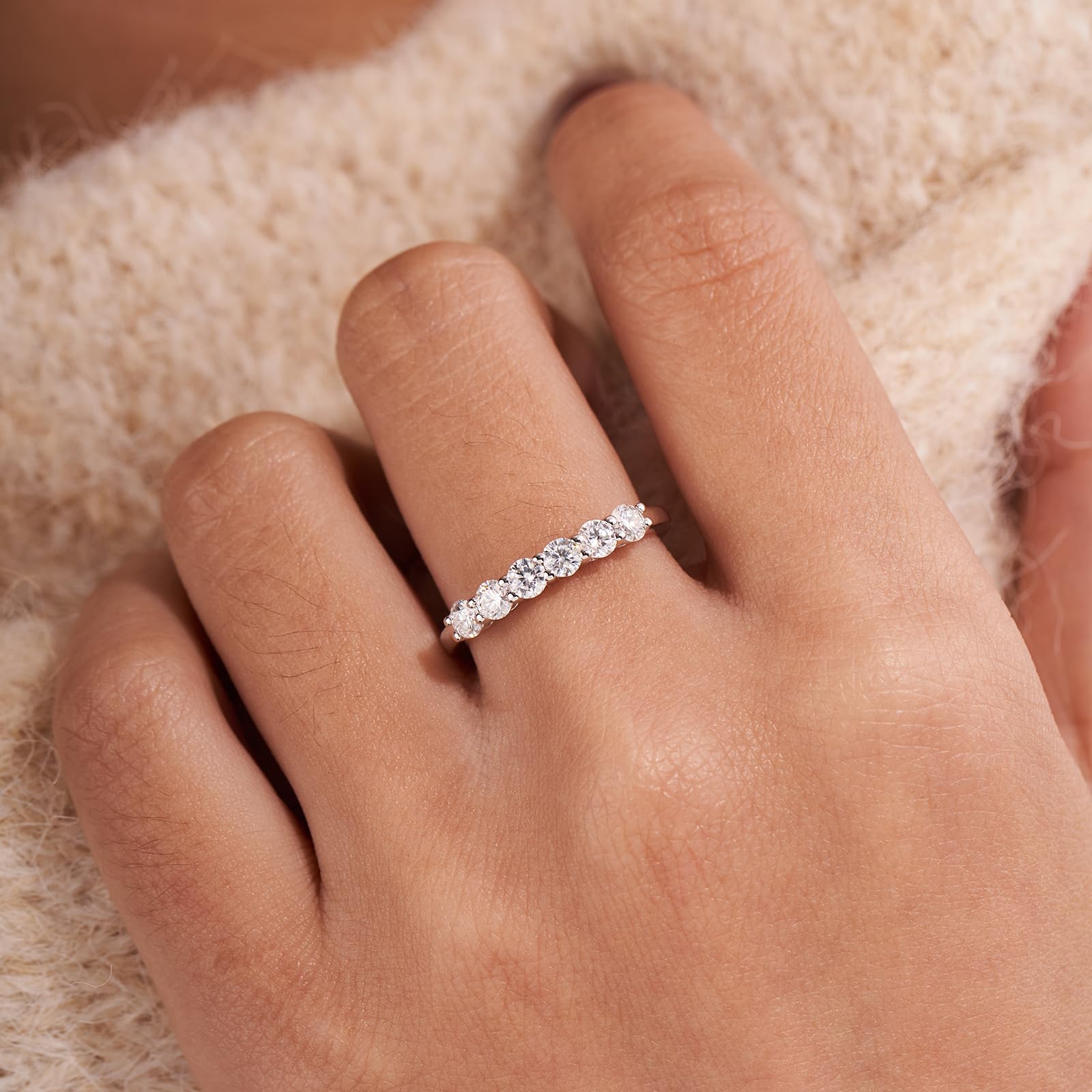 YODEWA Moissanite Wedding Band for Women 6 Real Moissanite Stone 925 Sterling Silver Hypoallergenic 0.6ct DEF Color VVS Lab Created Diamond Anniversary Engagement Bands Ring Size 7