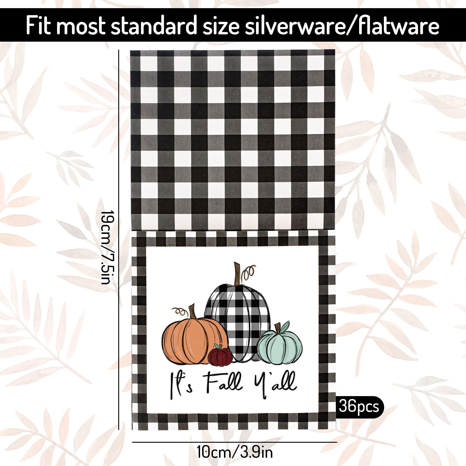 Whaline 36Pcs Fall Thanksgiving Utensil Cutlery Holders Buffalo Plaids Pumpkin Knife Forks Silverware Paper Pouch Bags Autumn Harvest Cutlery Wraps Tableware Holder for Dinner Table Setting Decor
