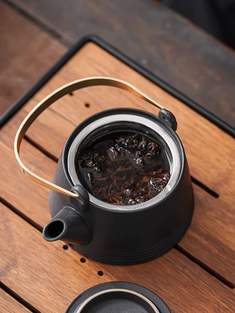 TRENDVEI Japanese Coarse Pottery Tea Set, Chinese Kungfu Loop-Handled Teapot with Infuser, 4 Cups and 1 Tea Tray