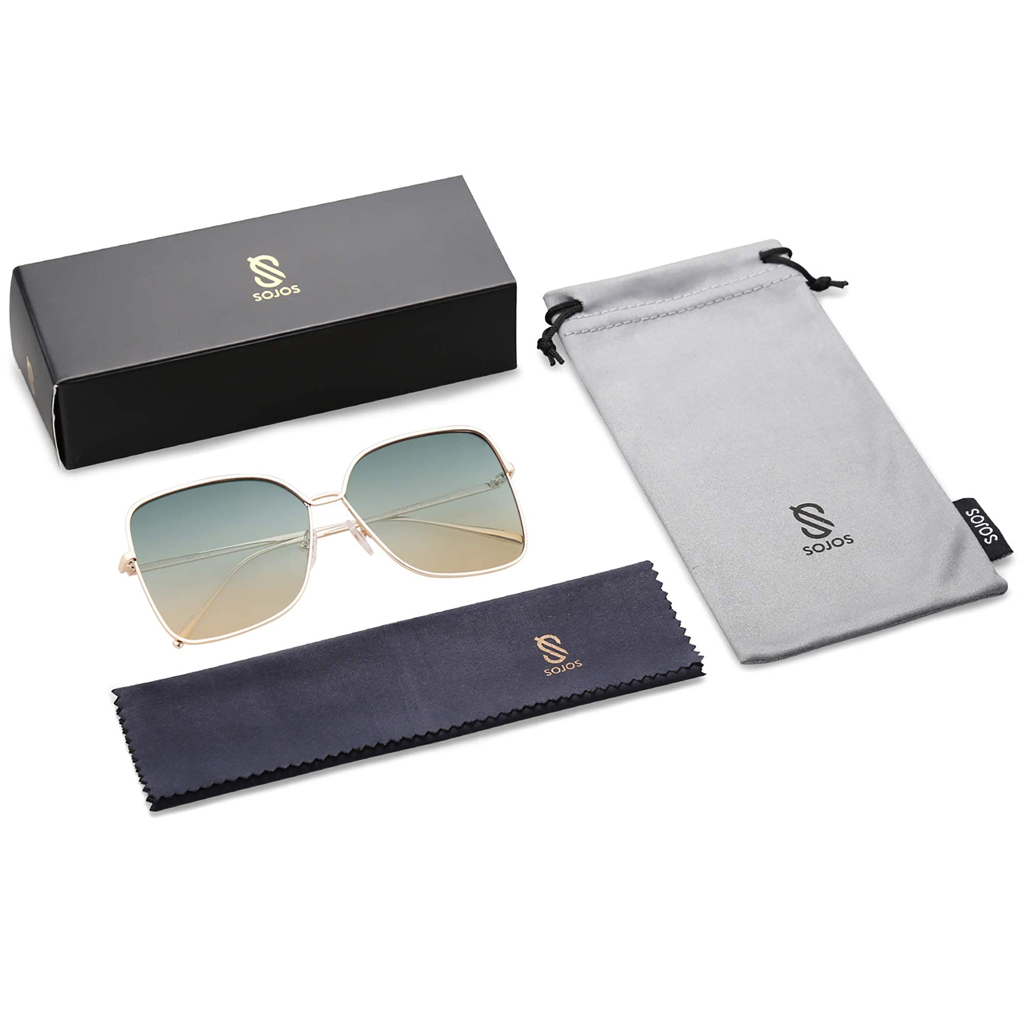 SOJOS Classic Square Oversized Sunglasses for Women Big Large Designer Style Sunnies SJ1082, Gold/Green&Brown