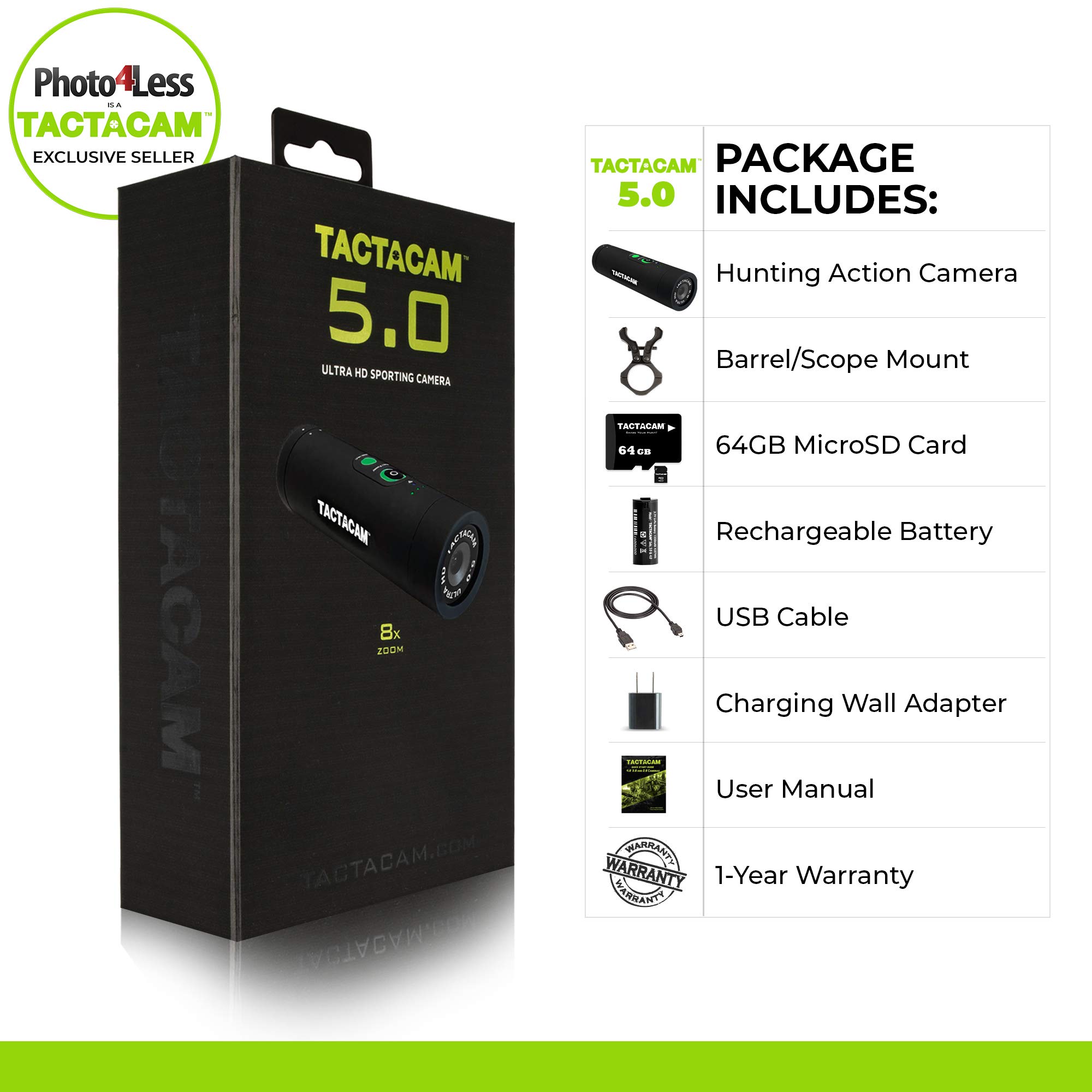 TACTACAM 5.0 Hunting Action Camera + FTS (Film Through The Scope) Mount and 64GB MicroSD Card