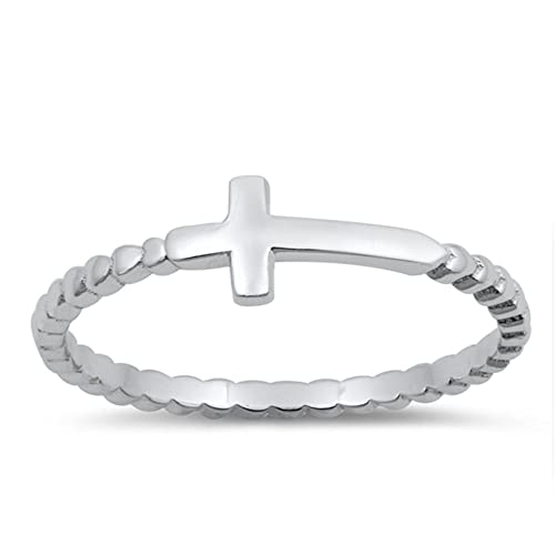 Sideways Cross Beaded Heart Love Ring New .925 Sterling Silver Band Size 8
