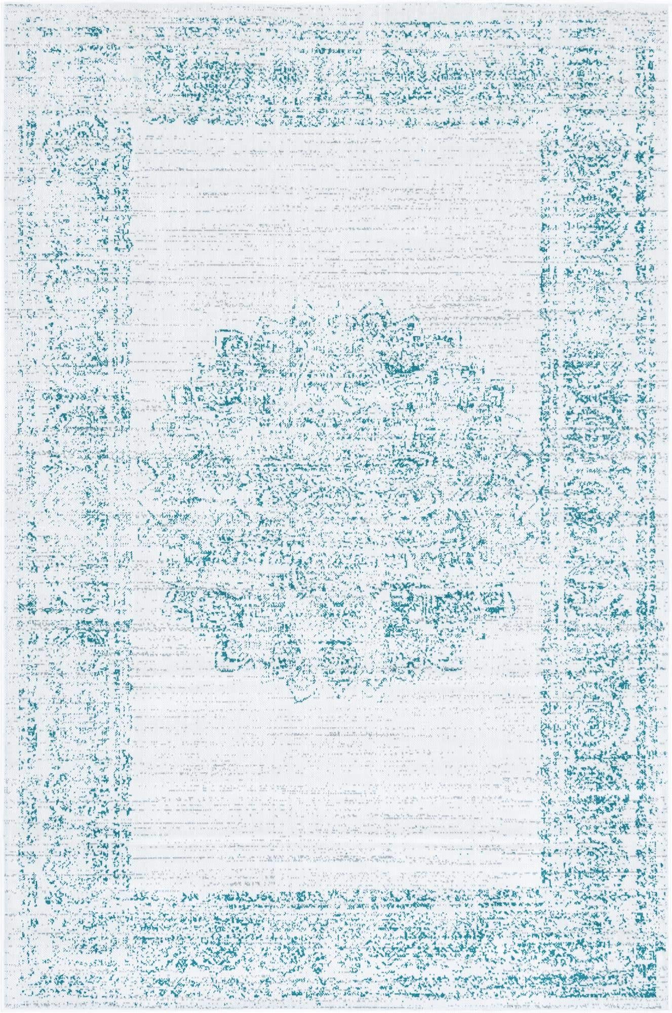 Unique Loom Aarhus Collection Vintage Border Area Rug_AAR003, 5 ft x 7 ft 9 in, Cream/Teal