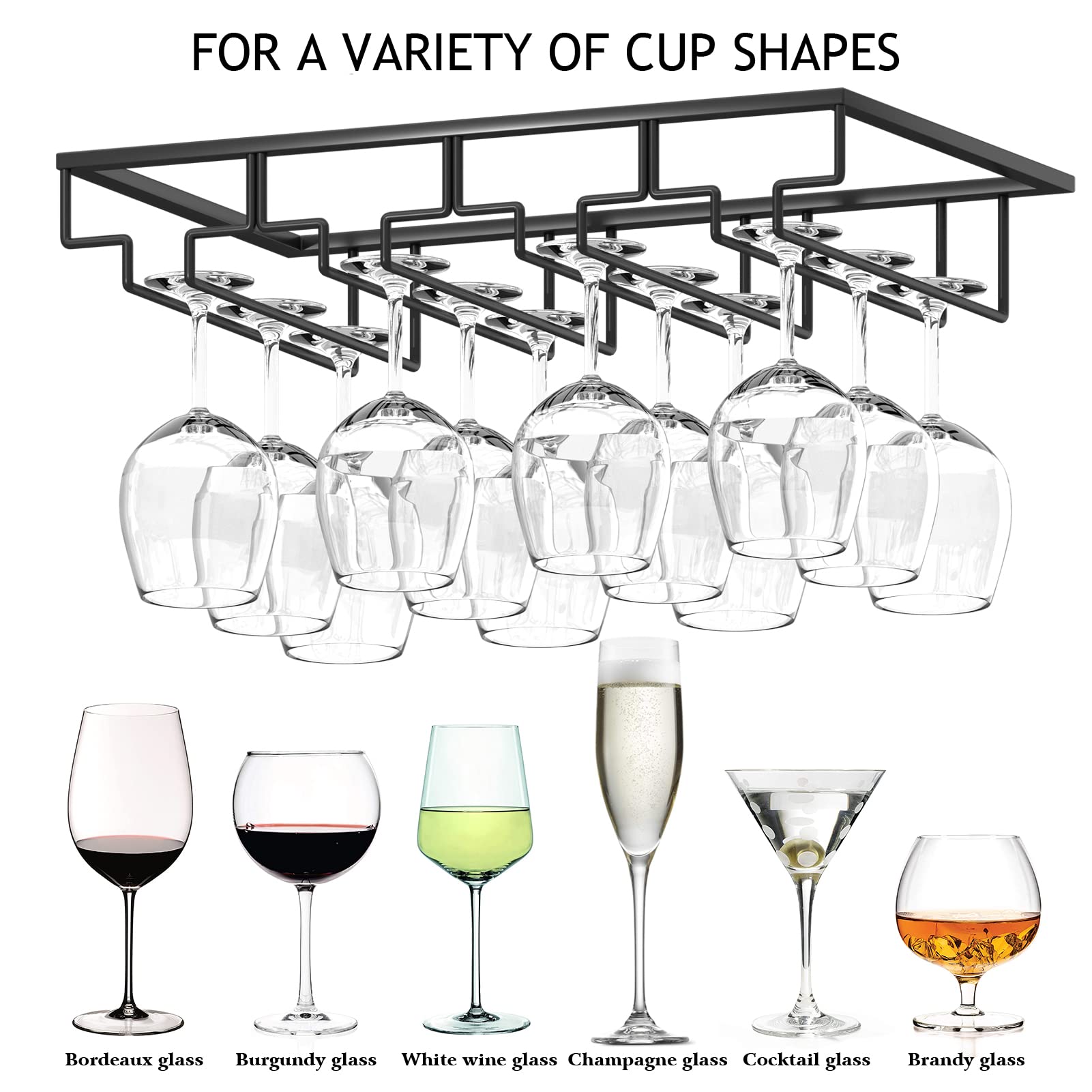 Wtiujhg Wine Glass Rack, 2 Pack Under Cabinet Stemware Rack Wine Glass Holder, 4 Rows Black Metal Wine Glass Storage Hanger Under Shelf for Cabinet Kitchen Bar