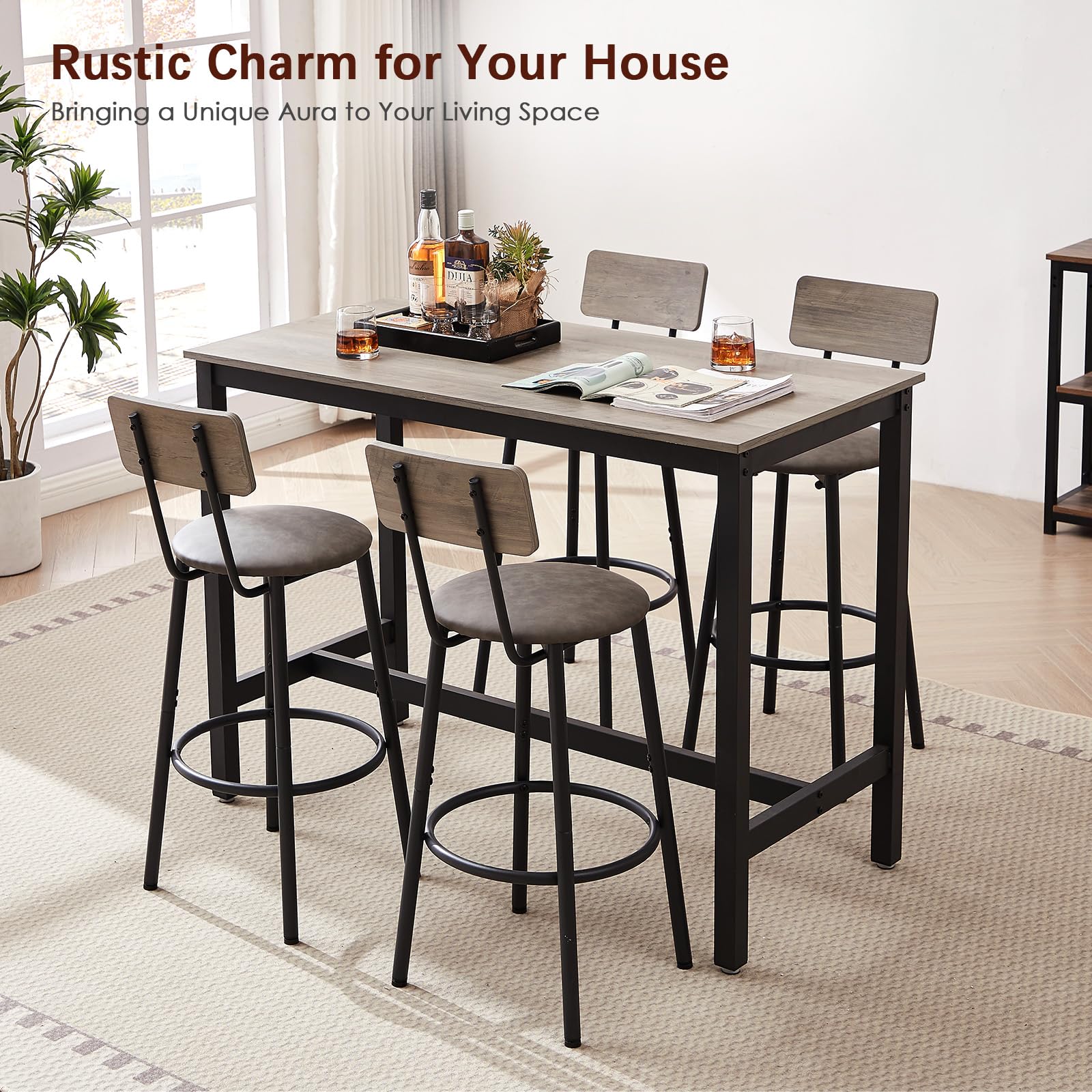 Tatub Bar Table and Chairs Set of 4, Bar Set with Stools for Kitchen, Gray