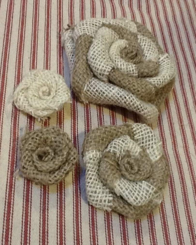 Set of Four Burlap Flowers Natural and Ivory 3" 2" 1" Wedding Cake Topper Wreath Centerpiece Rustic Decor Outdoor Table