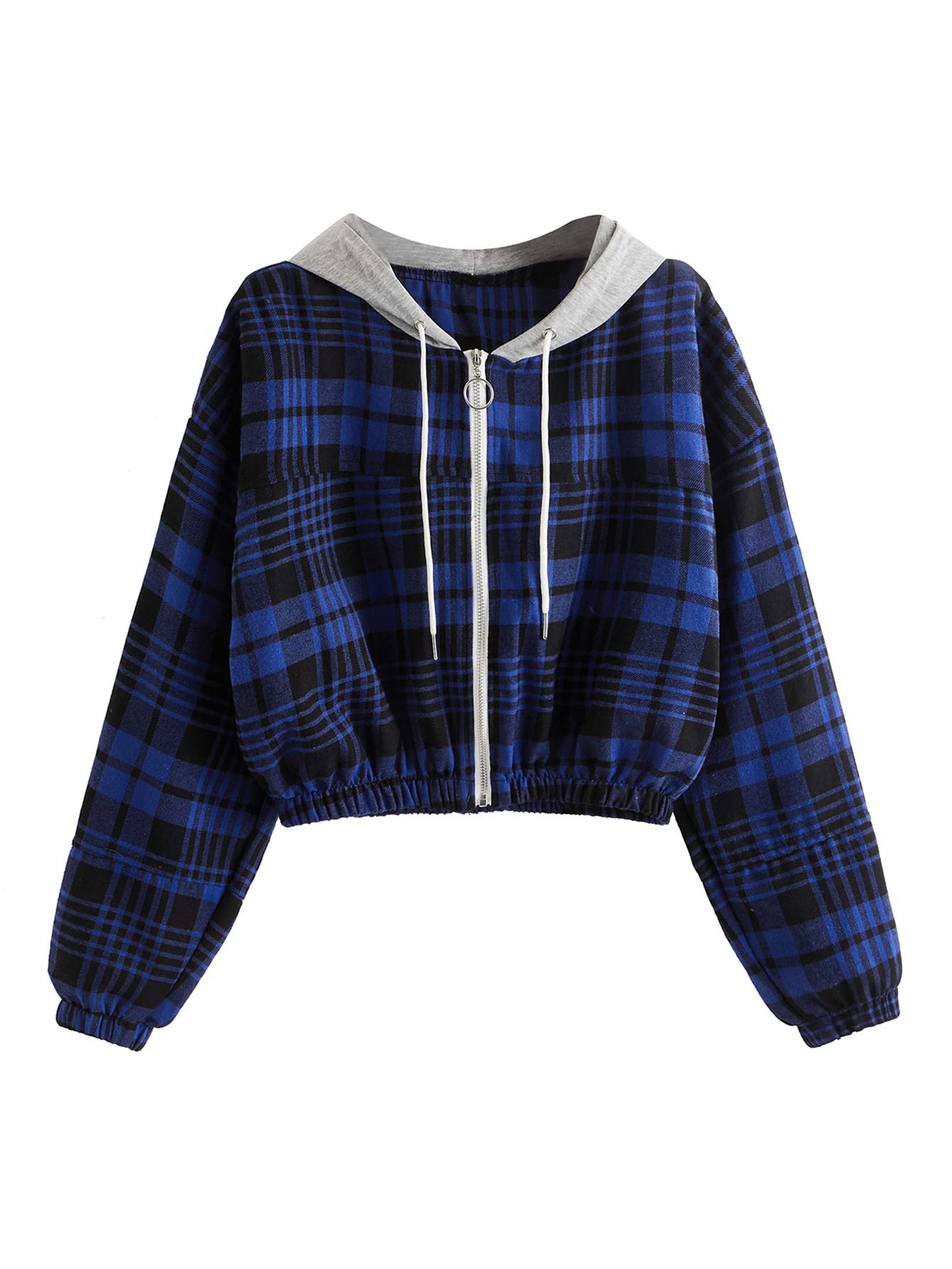 SOLY HUX Women's Long Sleeve Plaid Hoodie Jacket Full Zip Crop Top Sweatshirt Navy L