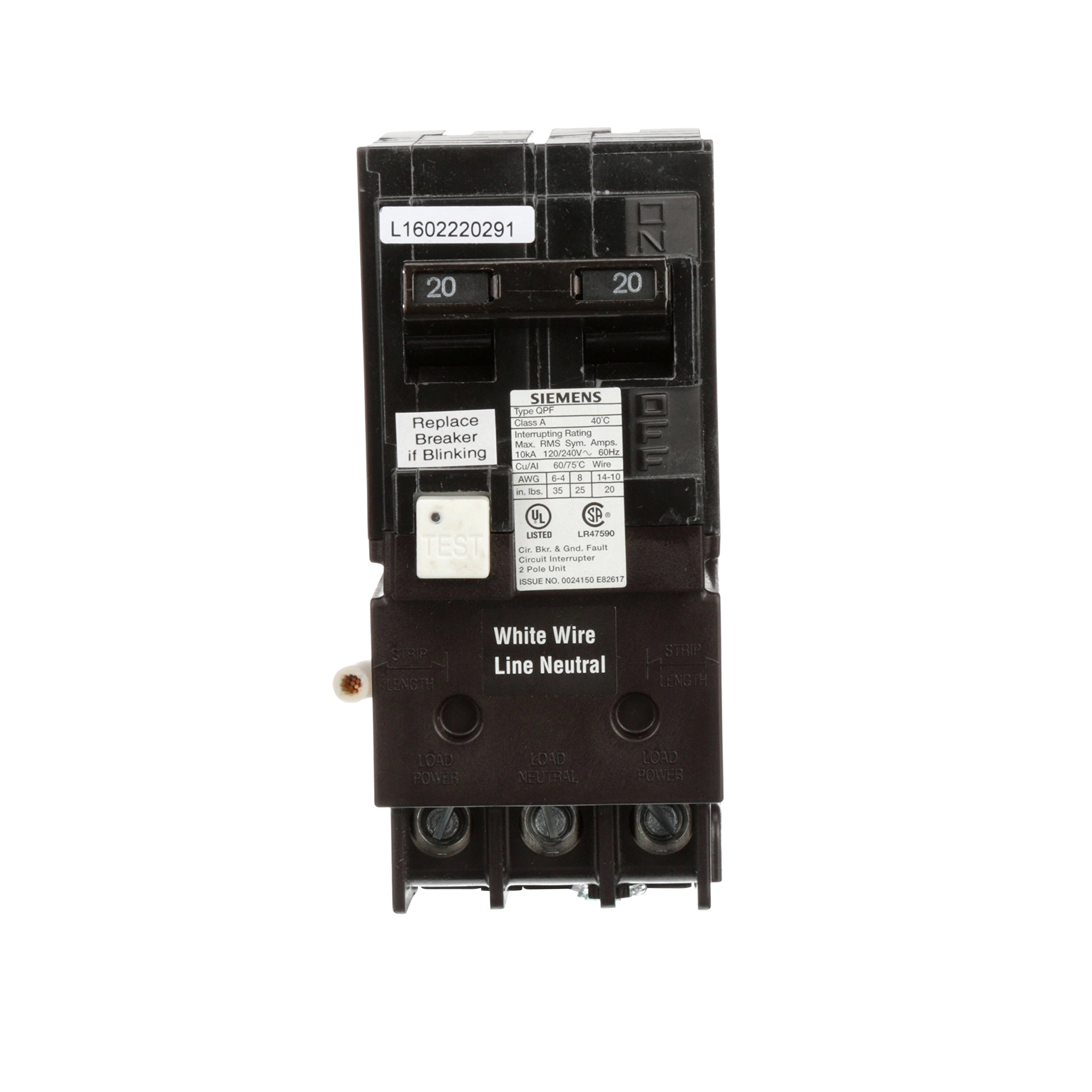 SIEMENS QF220A Ground Fault Circuit Interrupter, 20 Amp, 2 Pole, 120V, 10,000 Aic,