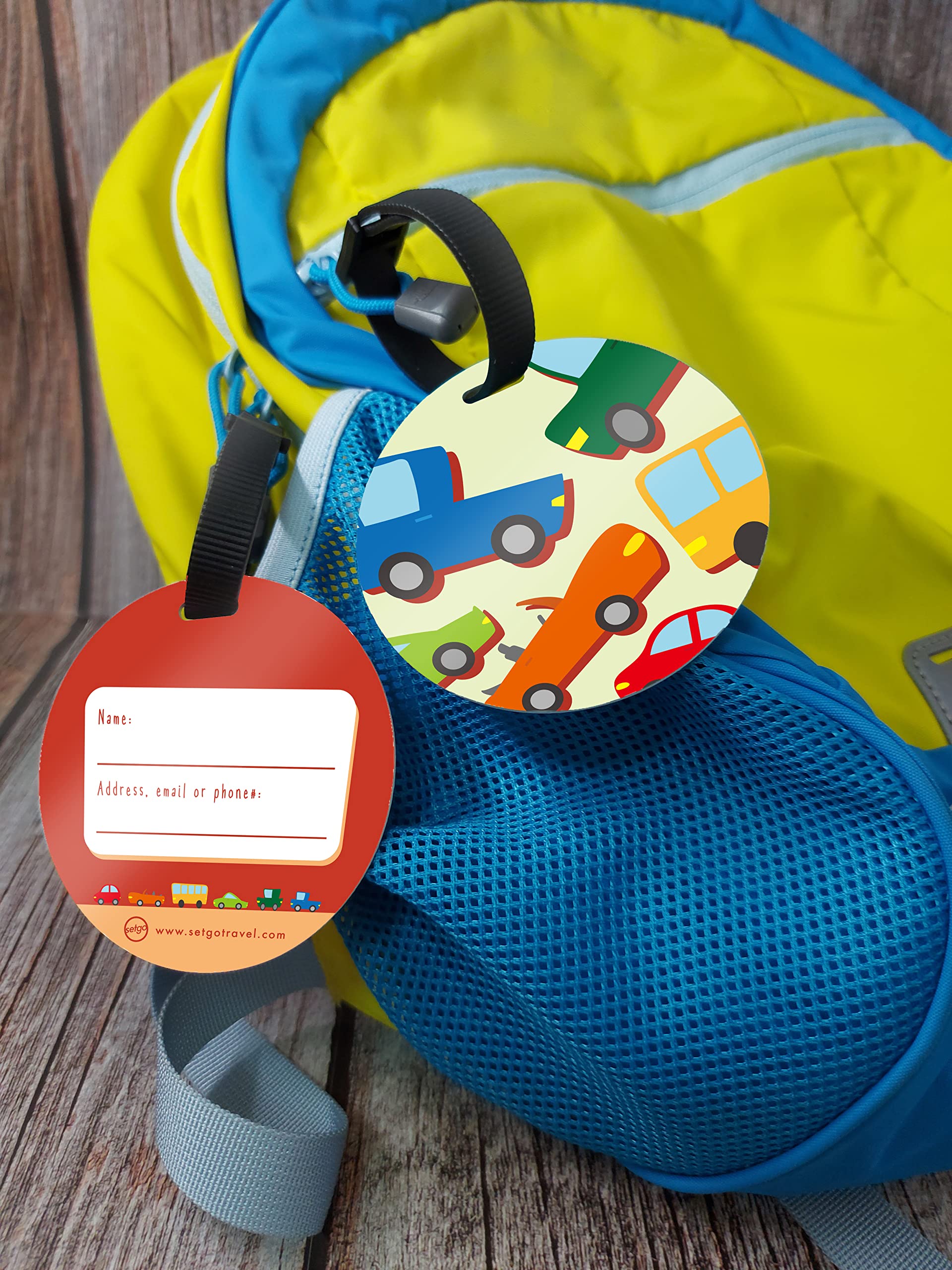 SetGo Car Name Tag for Kids, Plastic Backpack Tag, Set of 2, Customized Tag – Great for Boys and Girls at School Daycare Kindergarten (Cars & Wheels)