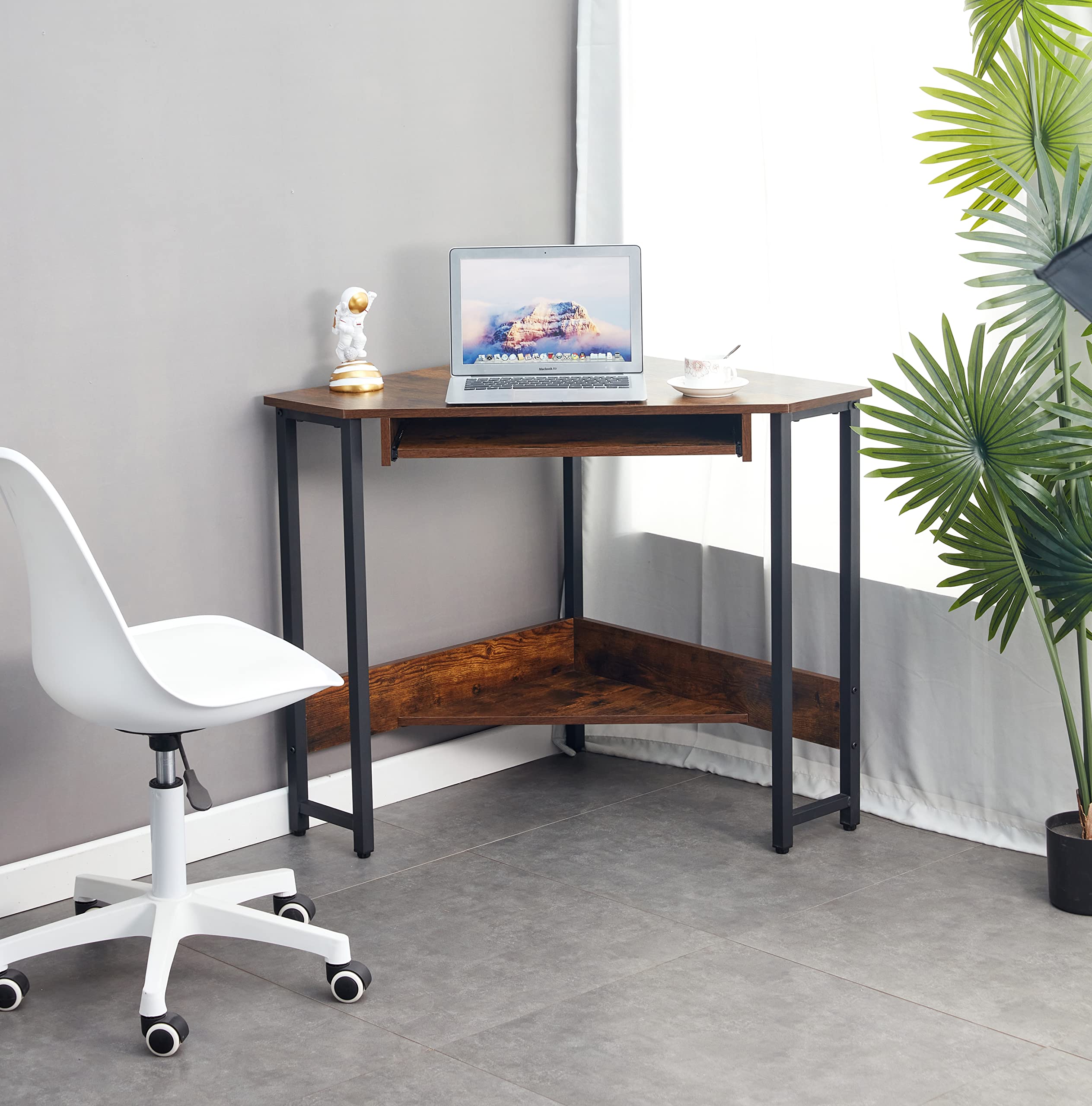 Triangle computer desk,corner desk with smooth keyboard tray& storage shelves ,compact home office,small desk with sturdy steel frame as workstation for small space,Brown,28.34''l 24''w 30.11''h