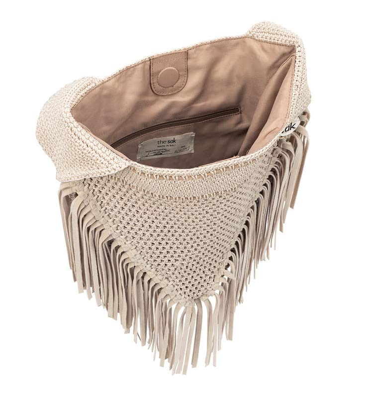 The Sak Back To Bali 120 Hobo Bag in Leather & Hand-Crochet, Large Shoulder Purse, Ecru Niagara
