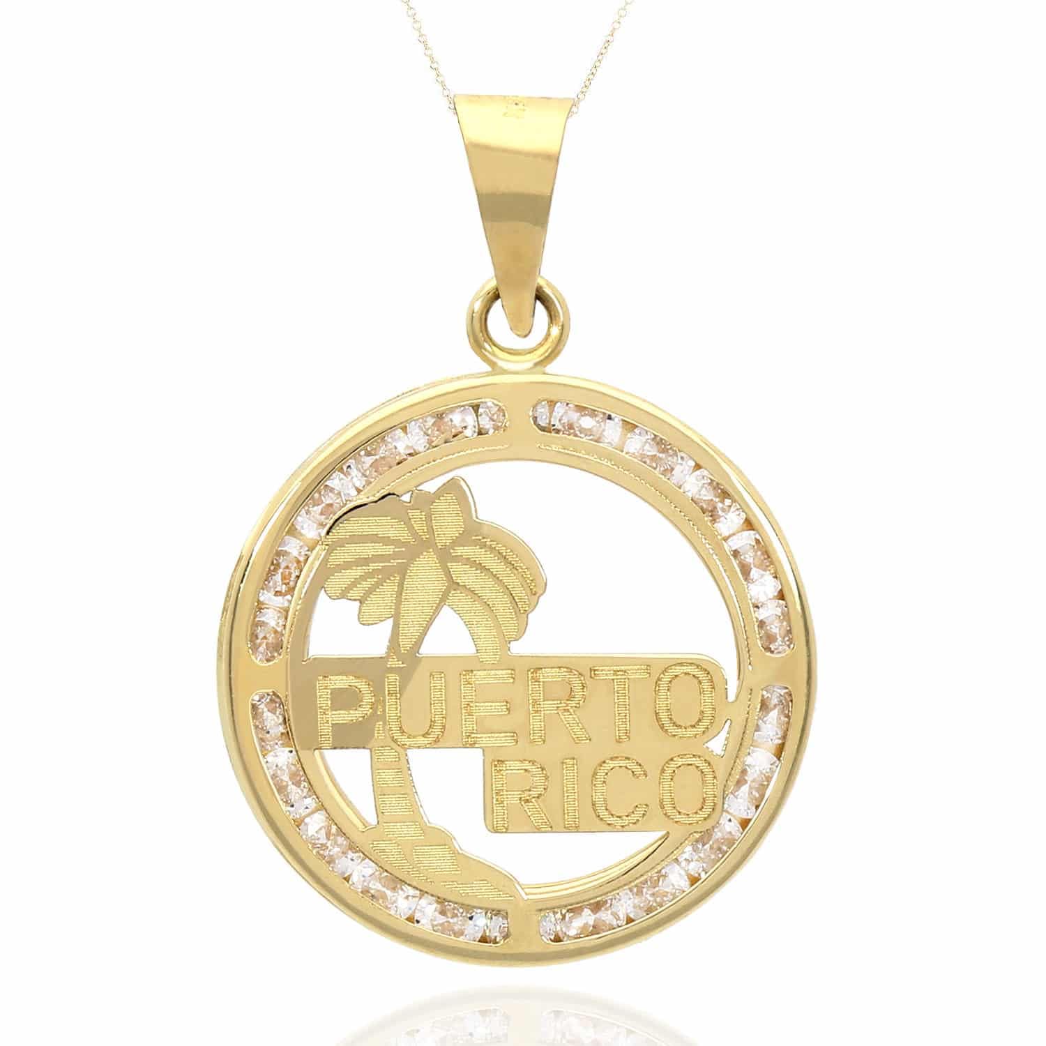 WJD Exclusives 10K Yellow Gold Simulated Diamond Puerto Rico Palm Tree Medallion Disk Pendant, 19mm