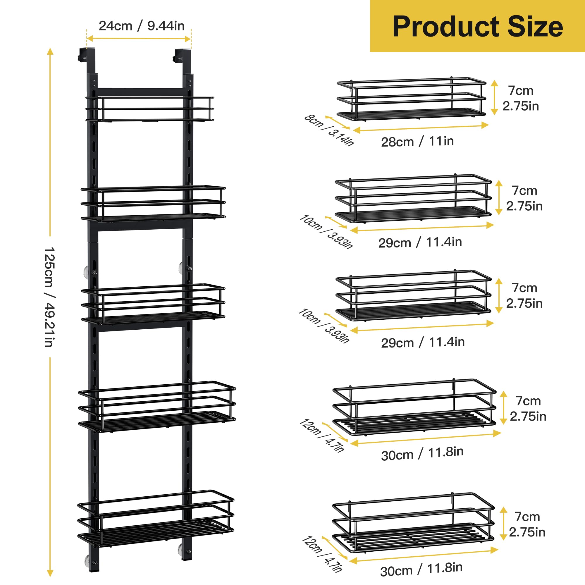Vetacsion Pantry Door Organizer 12 Inch Wide, 5 Tier Hanging Adjustable Over the Door Spice Rack For Narrow Space
