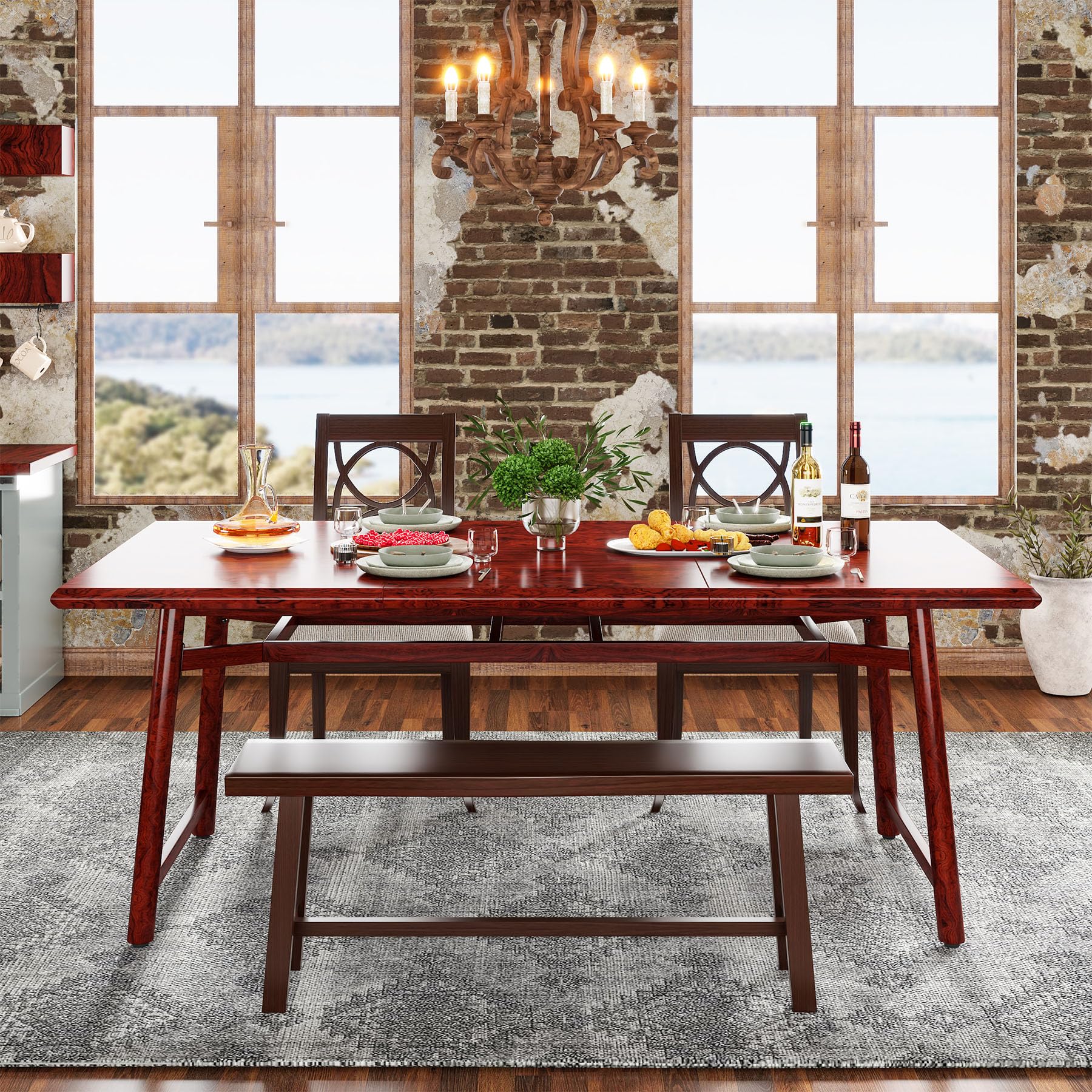 Tribesigns 63" Dining Table for 4-6, Rectangular Kitchen Table with Heavy-Duty Metal Legs, Wood Dinner Table for Kitchen or Dining Room, Easy Assembly, Classic Cherry Red