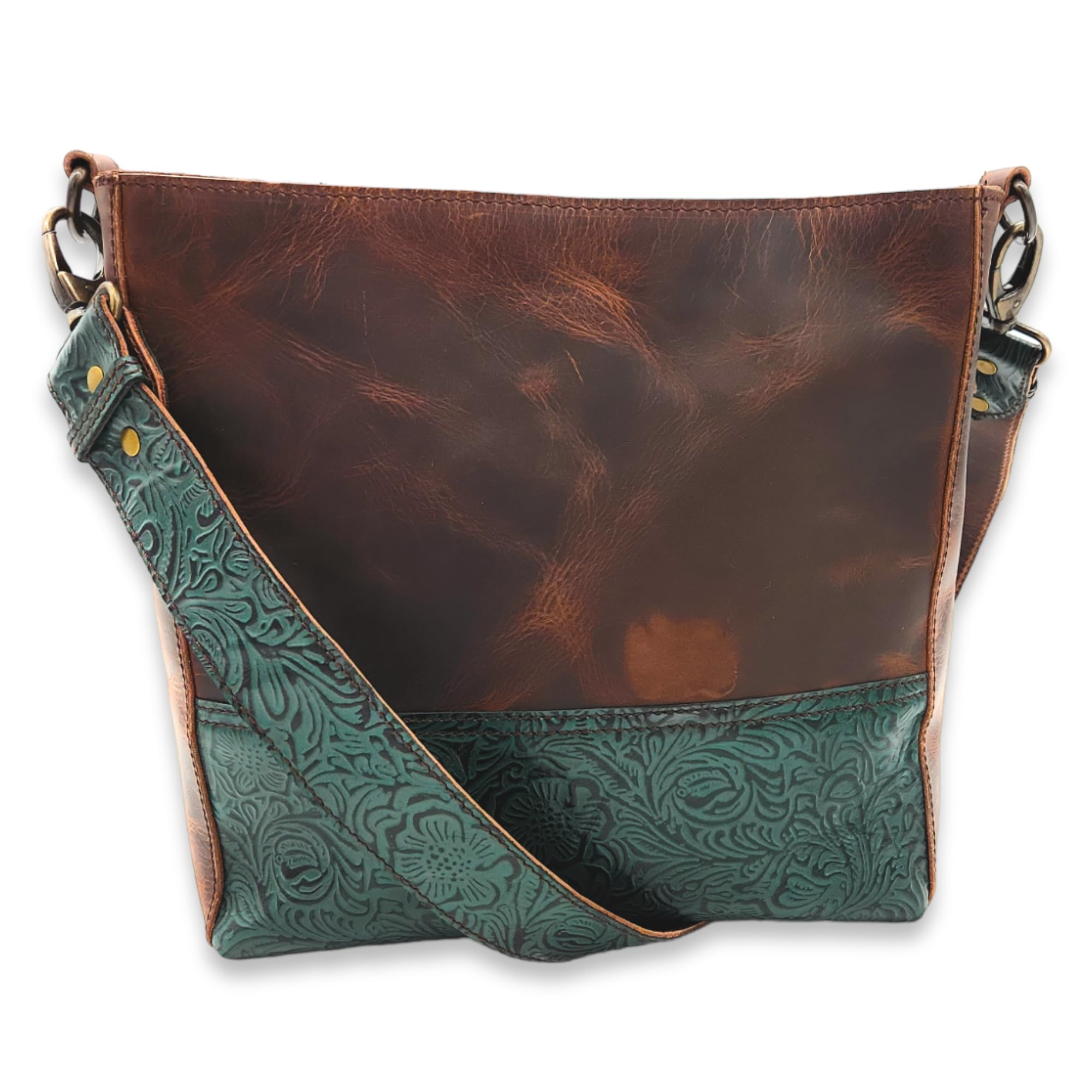 Ranch Junkie Handcrafted Rancho Leather Tooled Belt Strap Purse With Interchangeable Leather Strap (Tooled Turquoise And Vintage Brown)