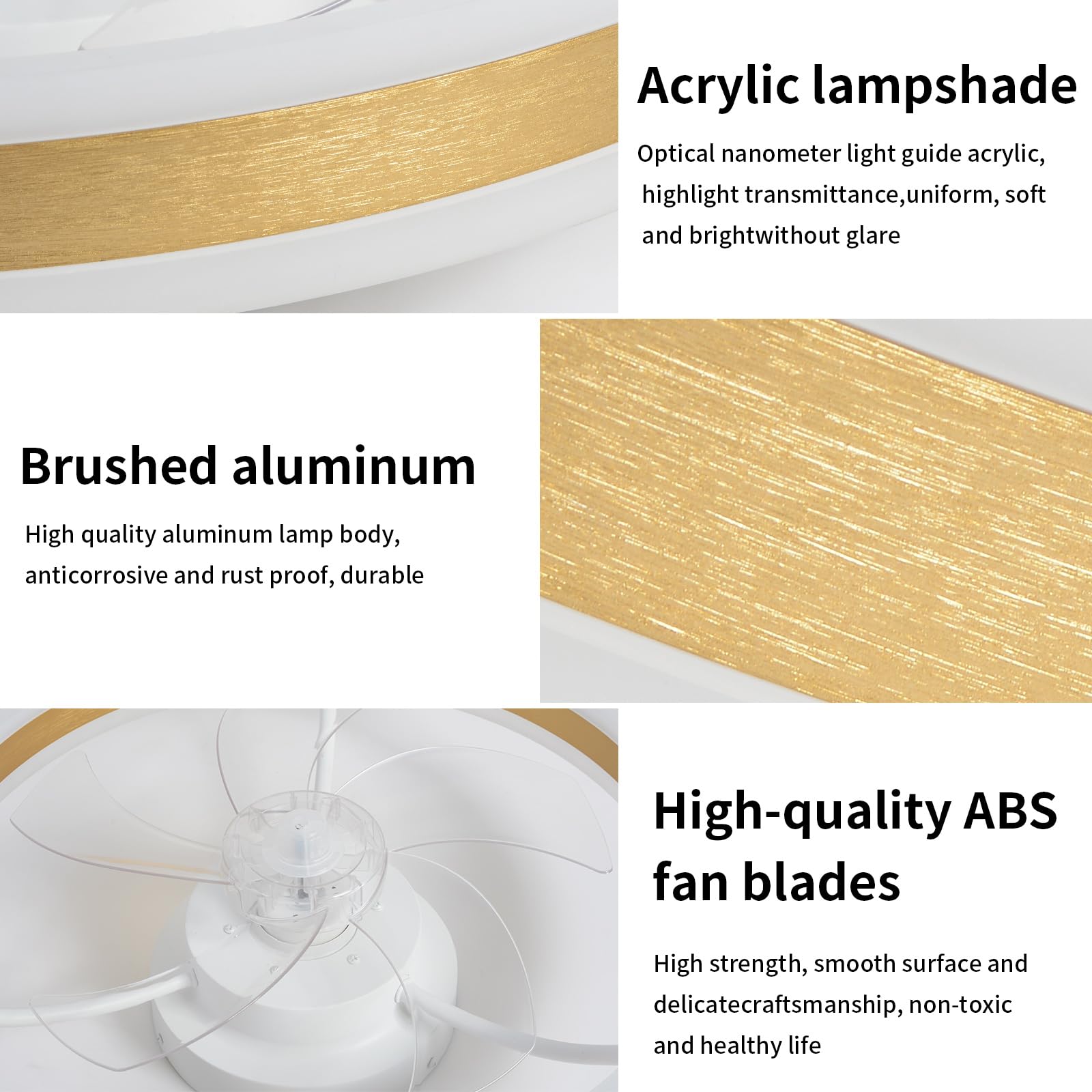 SYNHOK Flush Mount Ceiling Fans with Lights,dimmable Low Profile Ceiling Fans with Lights,Timing and Reversible Lighting&Ceiling Fans, 3 Light Color and 6 speeds Ceiling Fan with Lights,Simple Gold