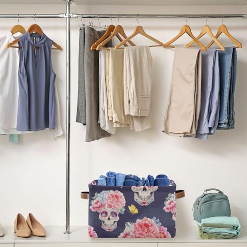 Skull Peony Flowers Storage Basket Bins Foldable Toy Baskets Organization with Handles Laundry Hamper for Living Room Clothes Nursery Closet Shelf Playroom,2 pcs