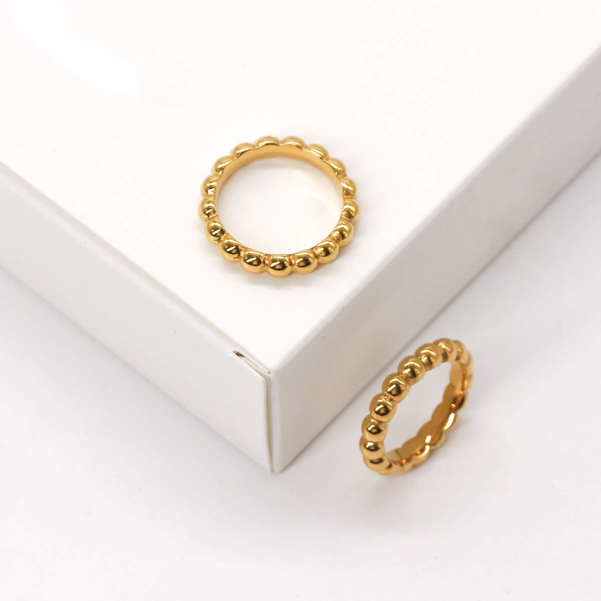 Wlane 18K Real Gold Plated Beaded Ring Stacking Rings for Women 4mm - Size 8