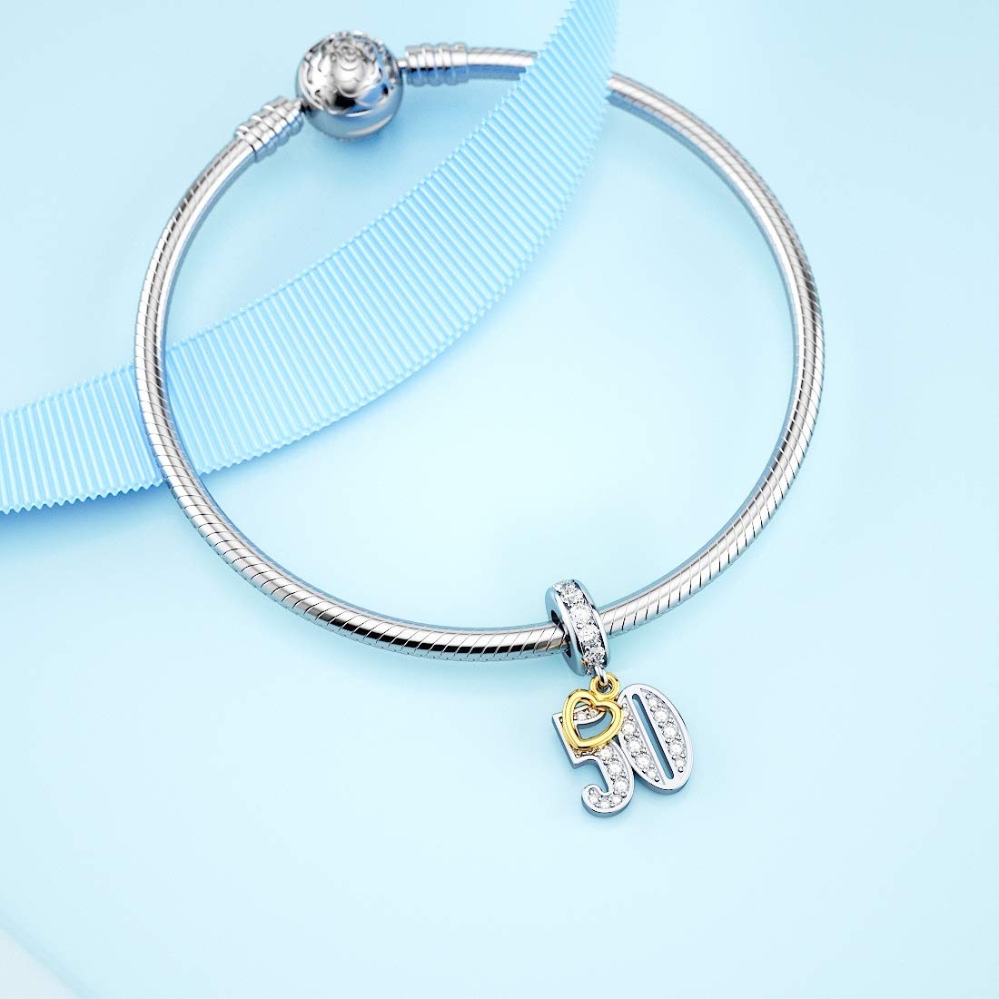 Silver 50th Birthday Charms Anniversary Golden Heart 50 Years of Love Dangle Beads for Pandora Bracelets Necklaces