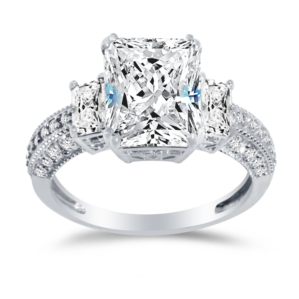 Size - 7-14k White Gold Emerald 3 Stone With Accents Milgrain Solitaire Engagement Ring CZ Cubic Zirconia (4.0cttw., 3.0ct. Center)
