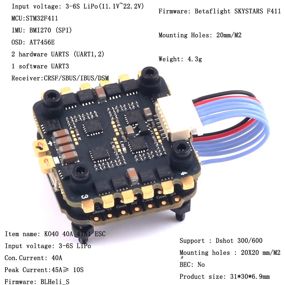 Skystars F411 HD Flight Controller Stack Ko40 40A 3-6S ESC 20x20mm for DJI FPV Betaflight RC Drone Racing